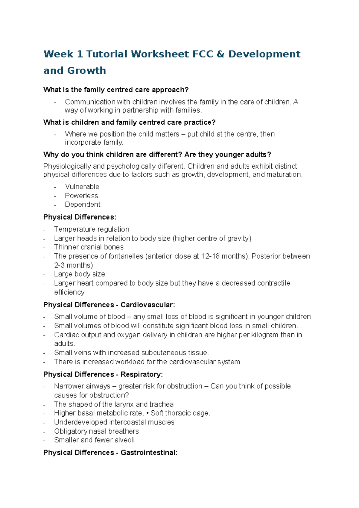 Week 1 Tutorial Worksheet Family Child Centre Care - Week 1 Tutorial ...