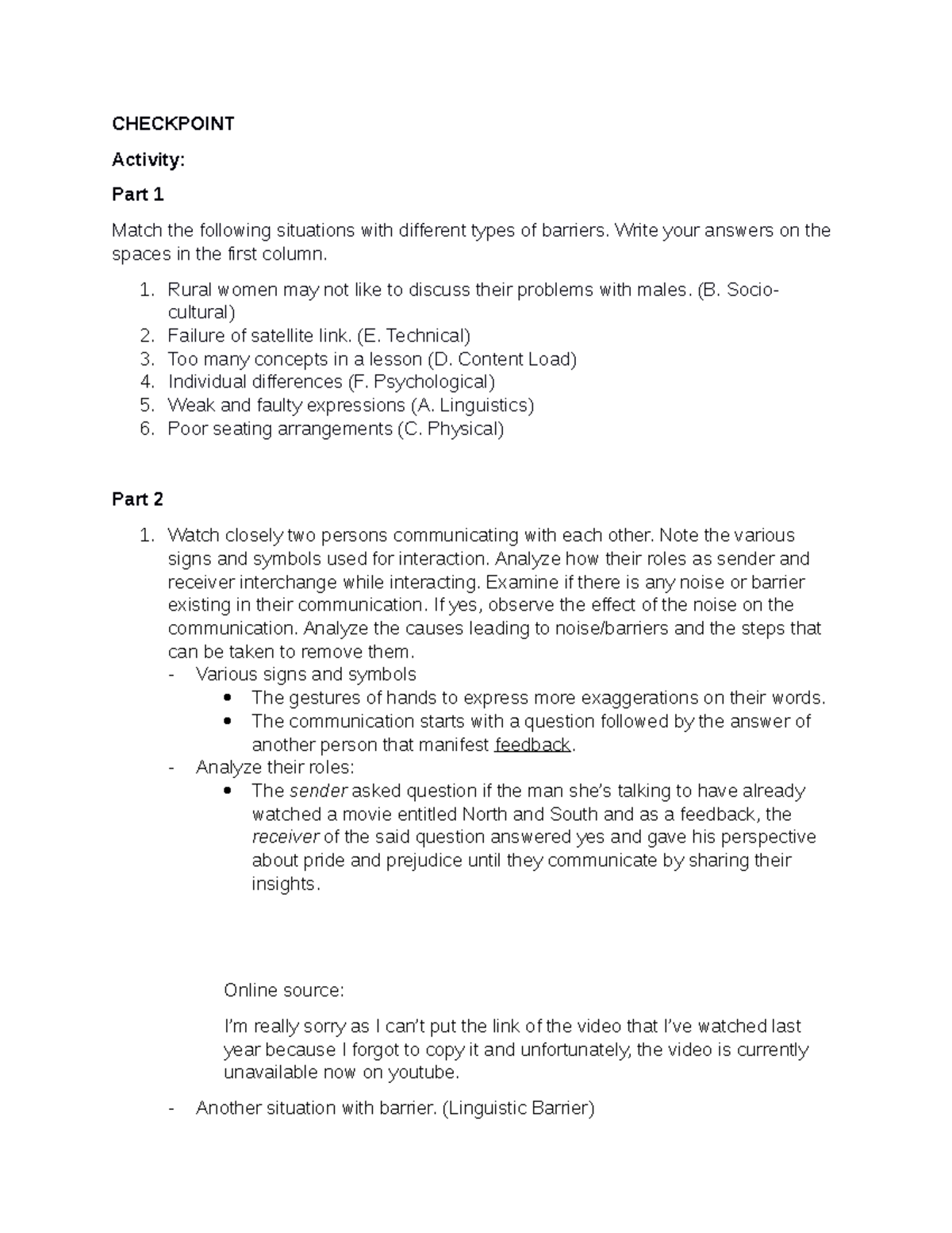 Purpcomm 1 - Assorted - CHECKPOINT Activity: Part 1 Match the following ...