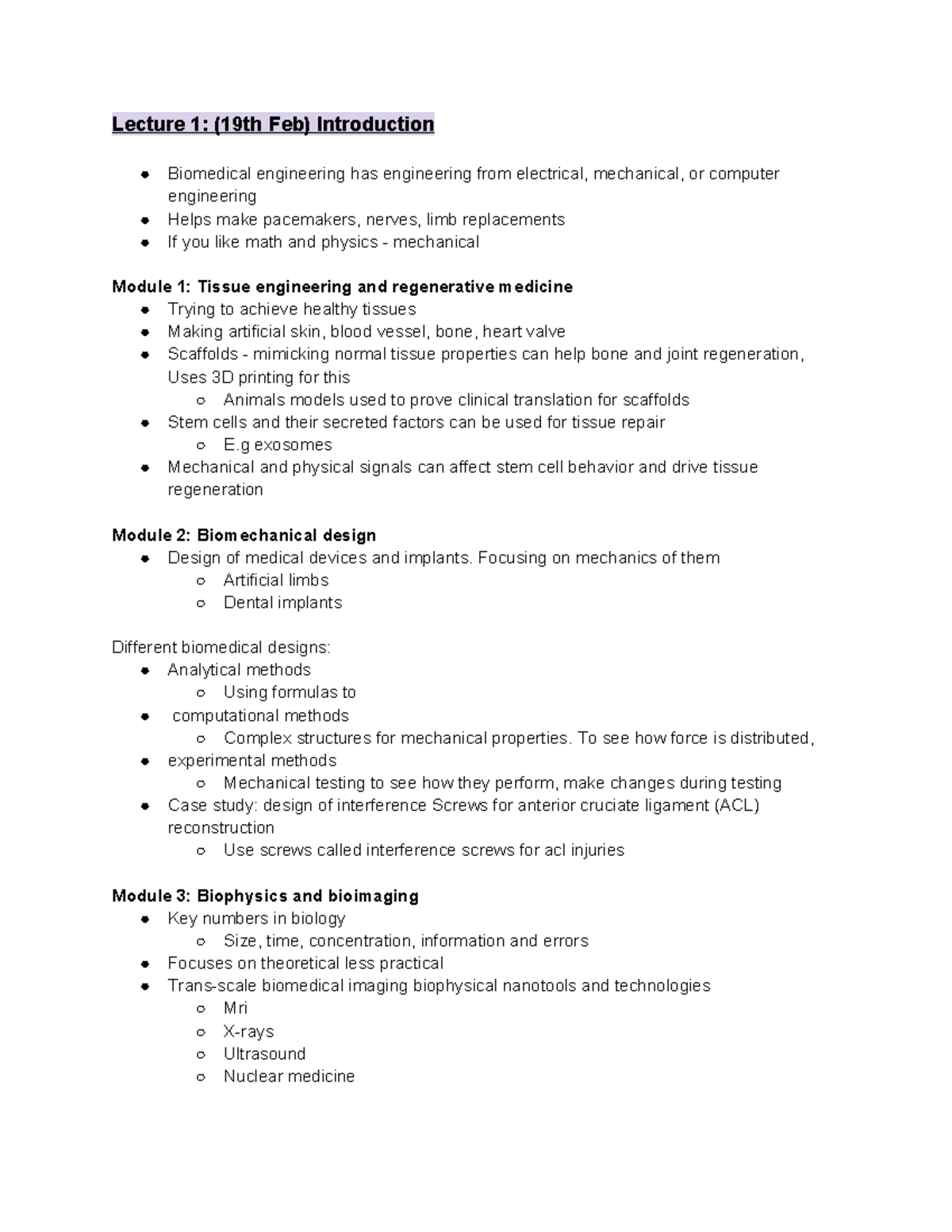 Lectures Biomedical Engineering Lecture 1 19th Feb Introduction Biomedical Engineering