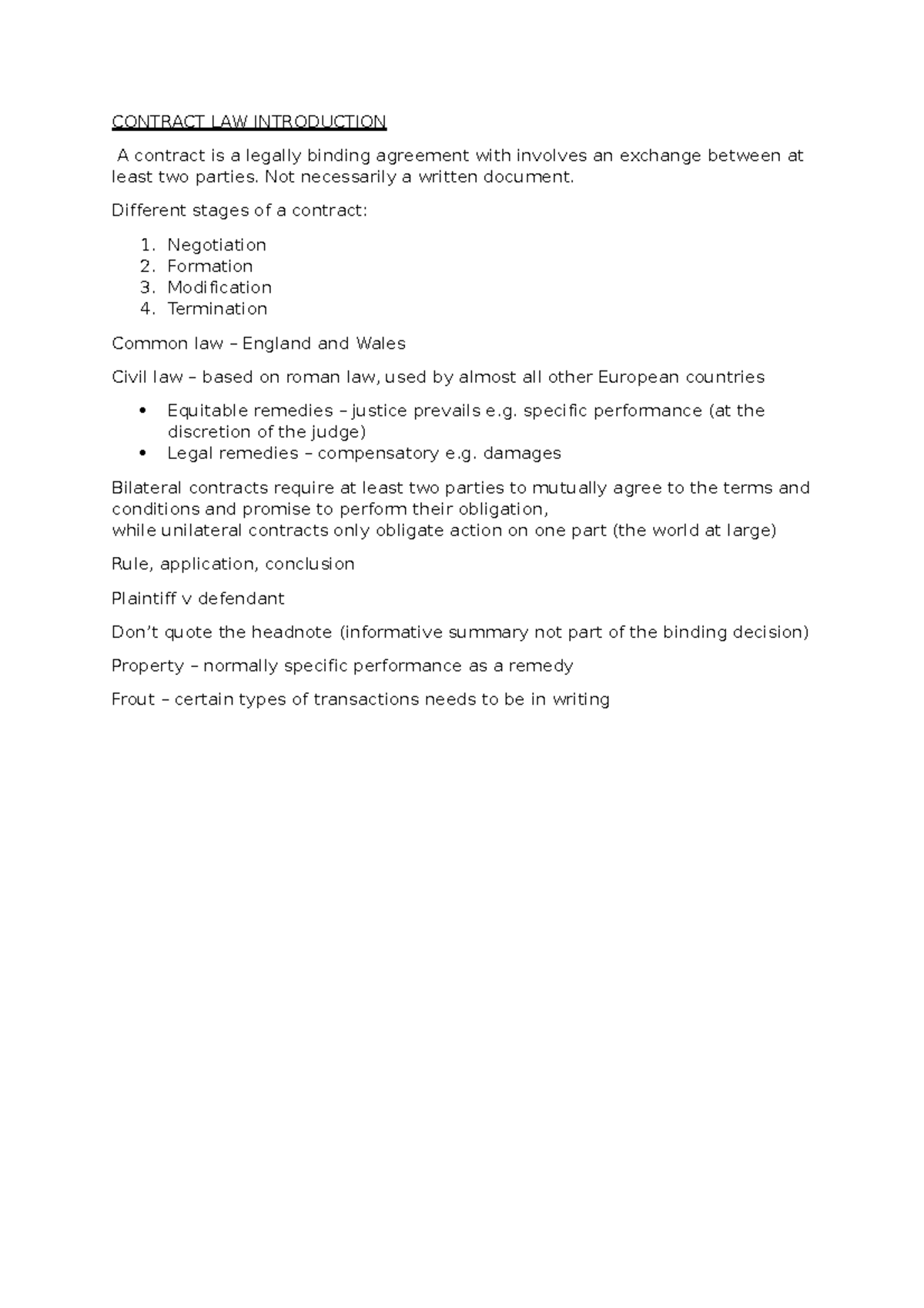 Contract law intro - CONTRACT LAW INTRODUCTION A contract is a legally ...