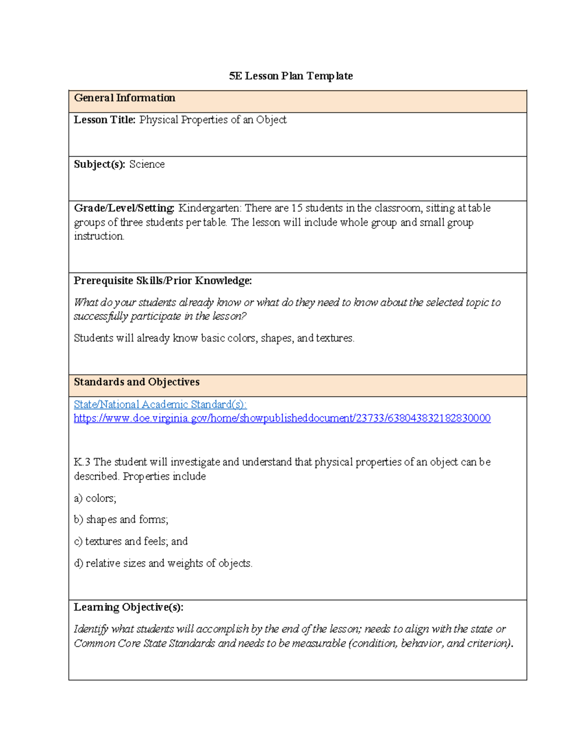 Elementary Science Methods Lesson Plan - 5E Lesson Plan Template ...