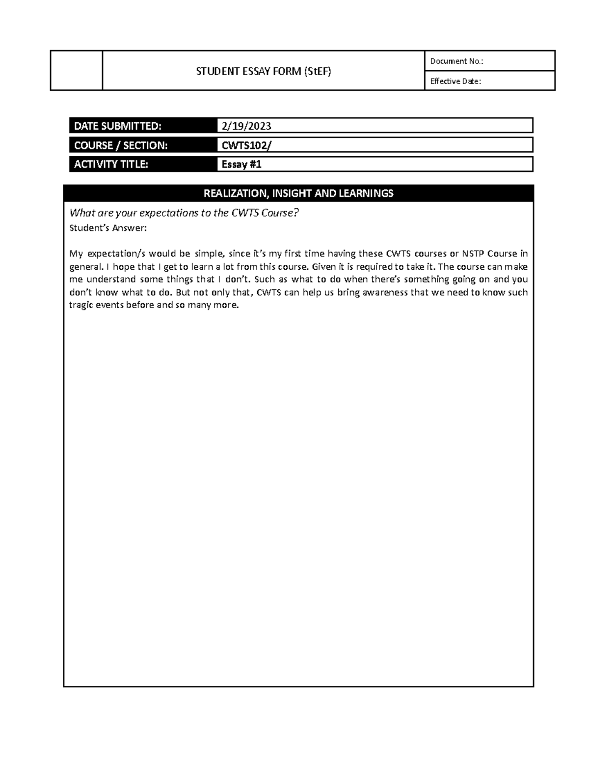 Form CWTS102 Essay 1 Write About What You Expect In This Course
