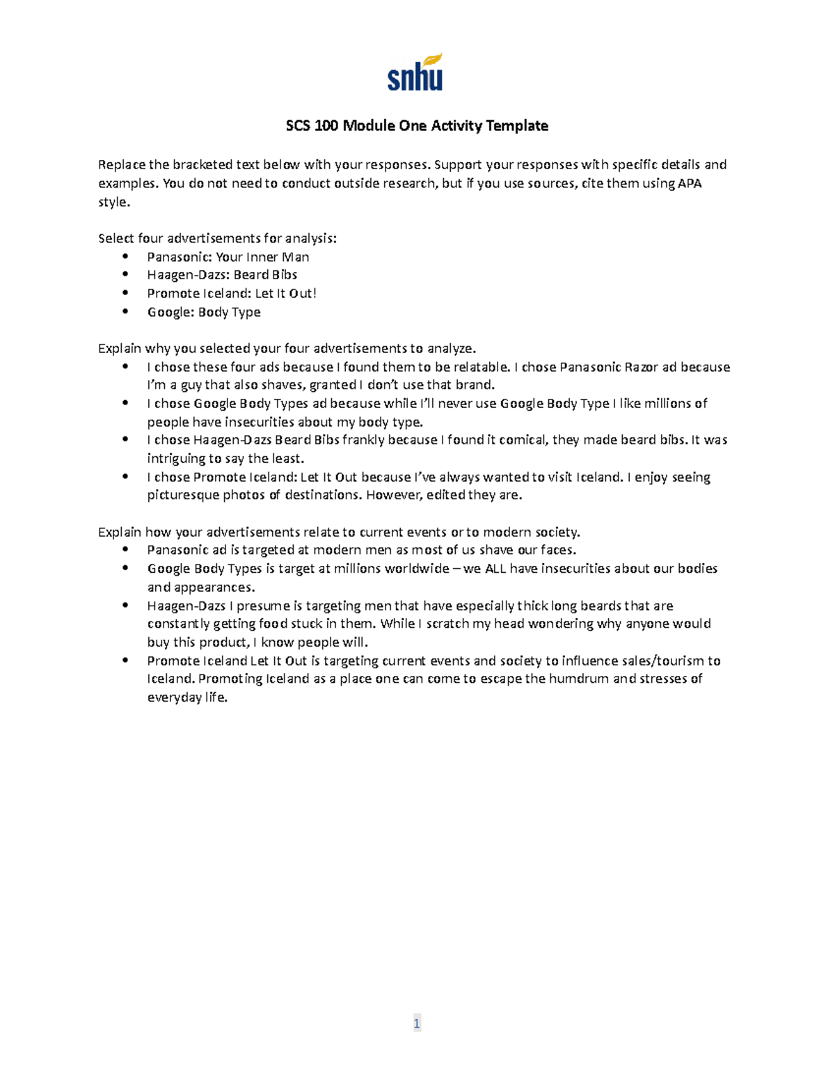 1-2 Activity Advertisement Selection - SCS 100 Module One Activity ...