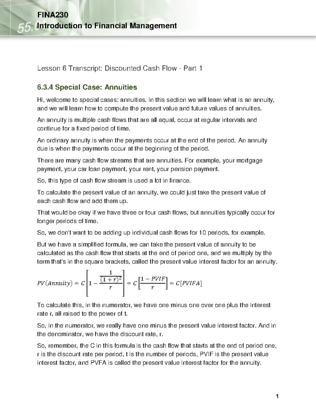 FINA230 Lesson 06 03 04 transcript - Introduction to Financial ...
