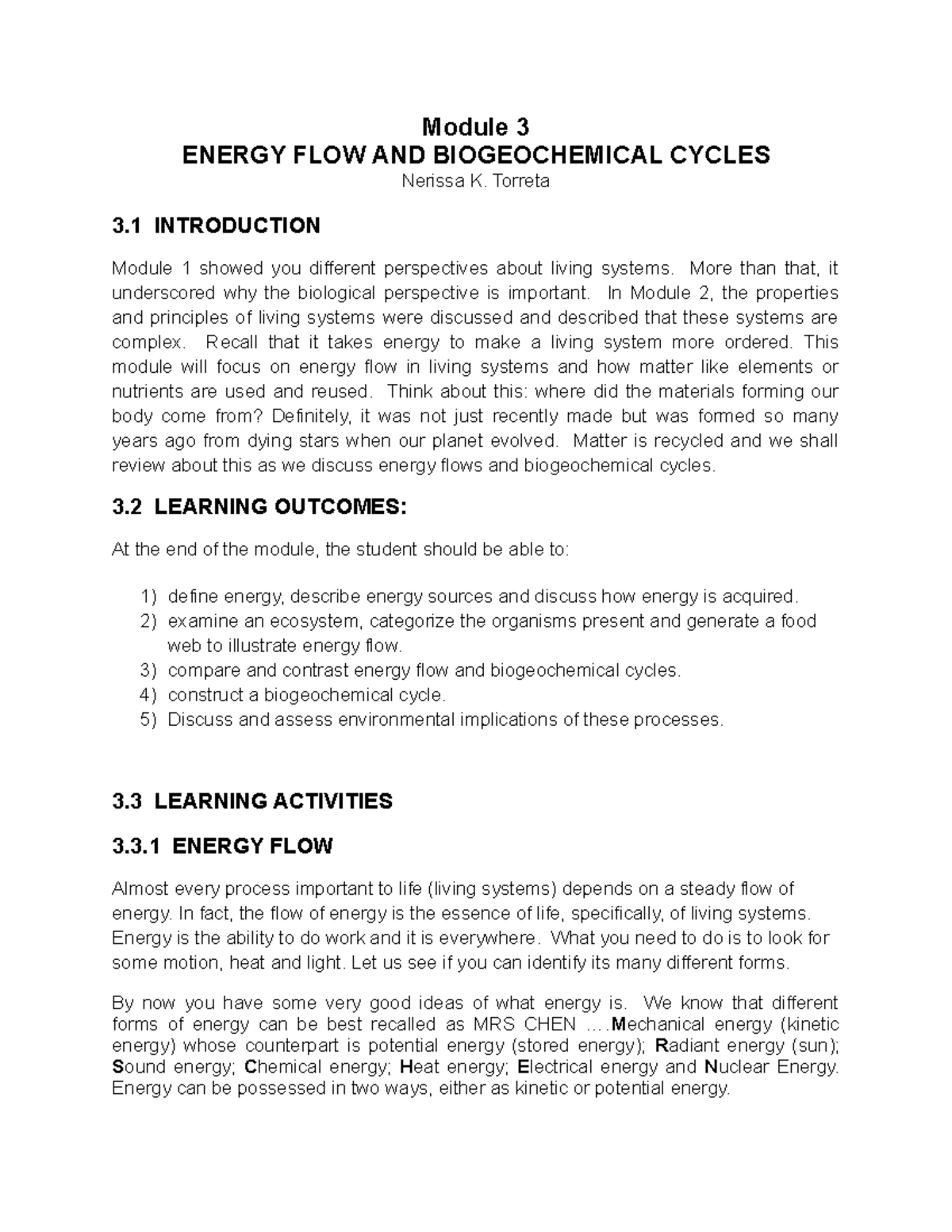 Module 3-Energy Flow and Biogeochemical Cycles - Module 3 ENERGY FLOW ...