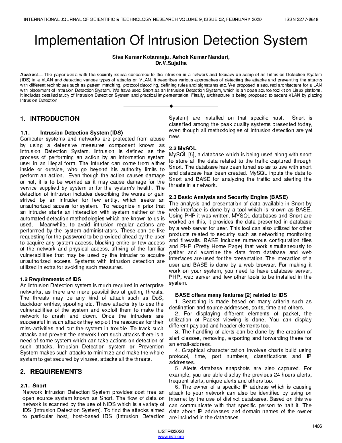 Implementation Of Intrusion Detection System 1406 Ijstr© Implementation Of Intrusion Detection