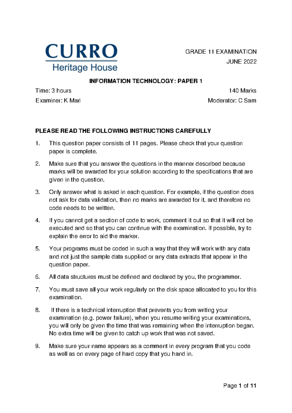 2022 June Exams Gr 11 IT P1 - GRADE 11 EXAMINATION JUNE 2022 ...