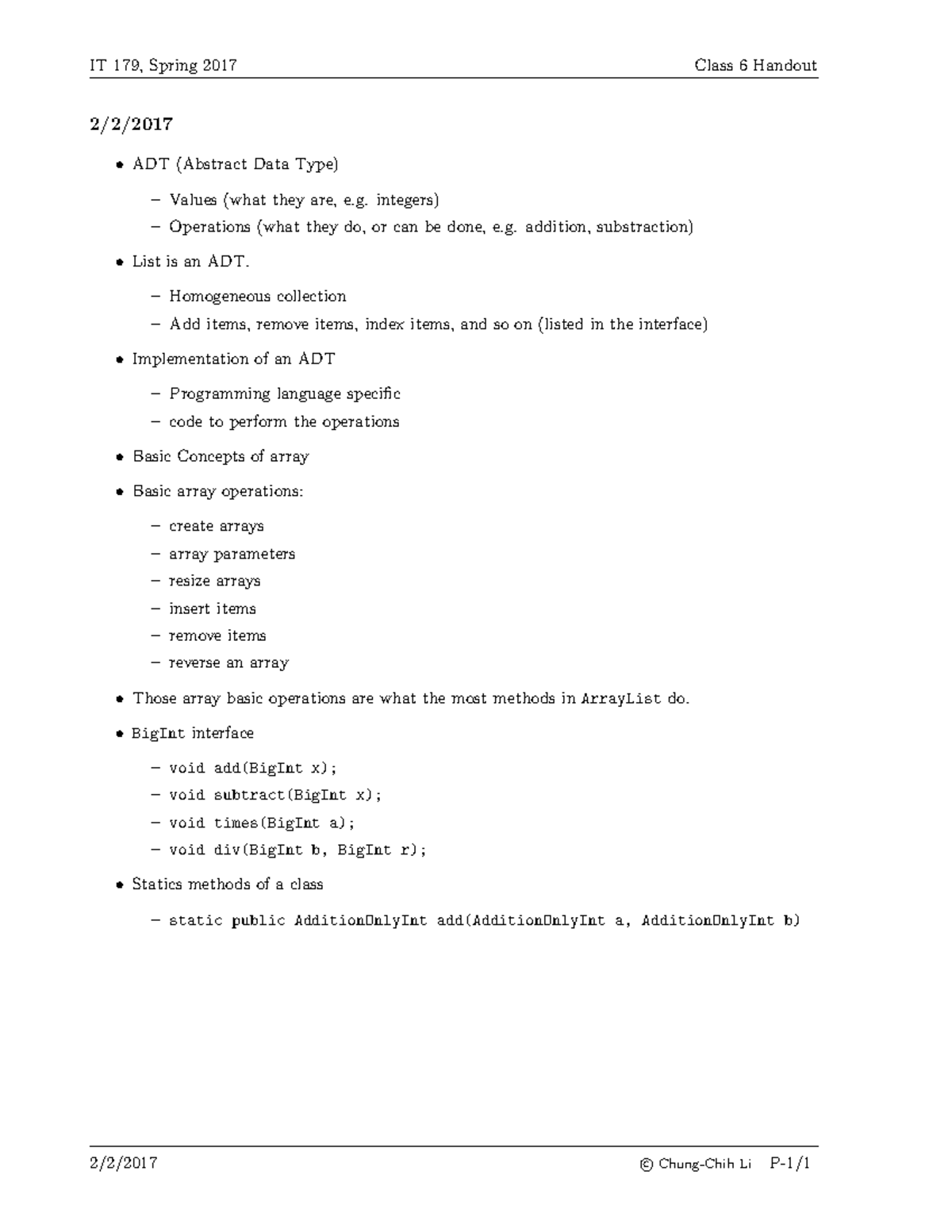 Class 6 - Lecture notes 6 - IT 179, Spring 2017 Class 6 Handout 2/2 ...