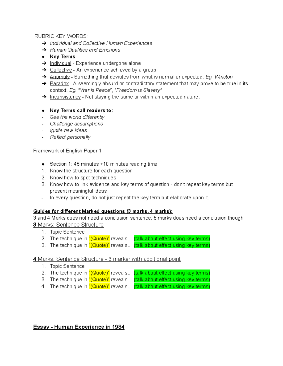English Paper One and Two Guide-2 - RUBRIC KEY WORDS: Individual and ...
