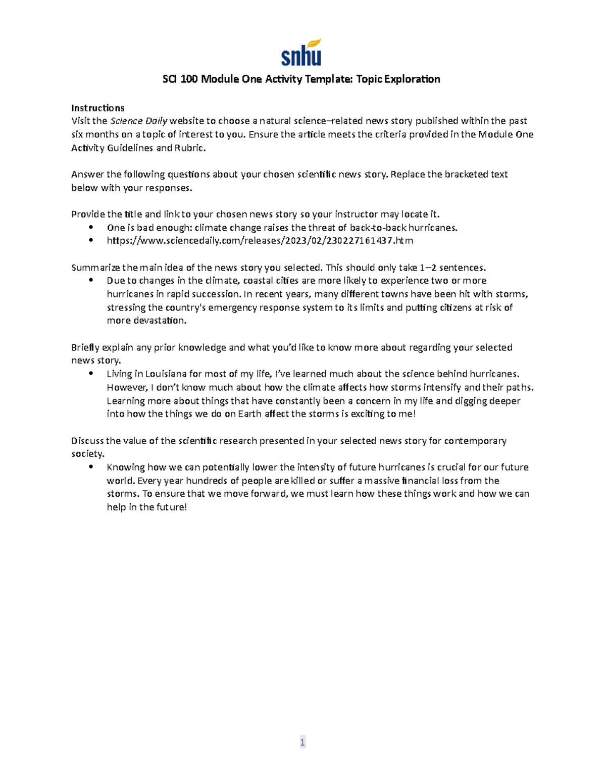 SCI 100 Module One Activity Template - Ensure the article meets the ...