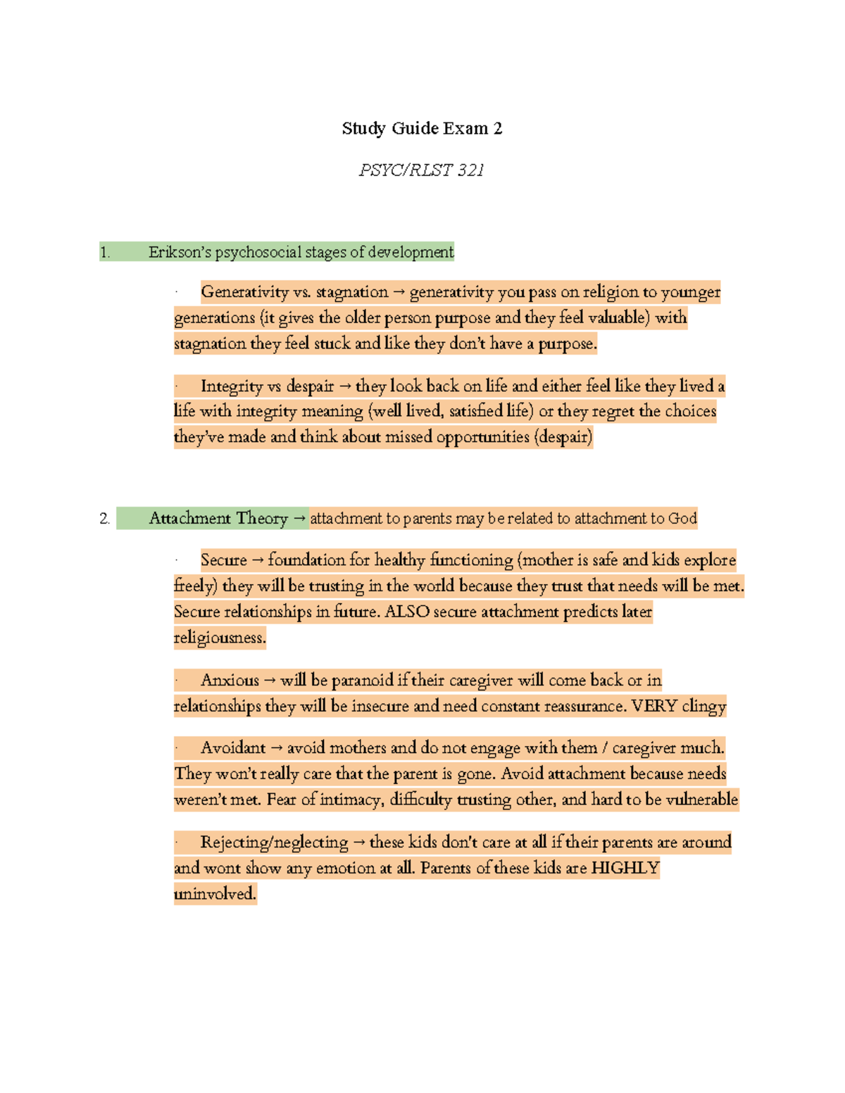 Study Guide Exam 2 RLST - Study Guide Exam 2 PSYC/RLST 321 Erikson’s ...