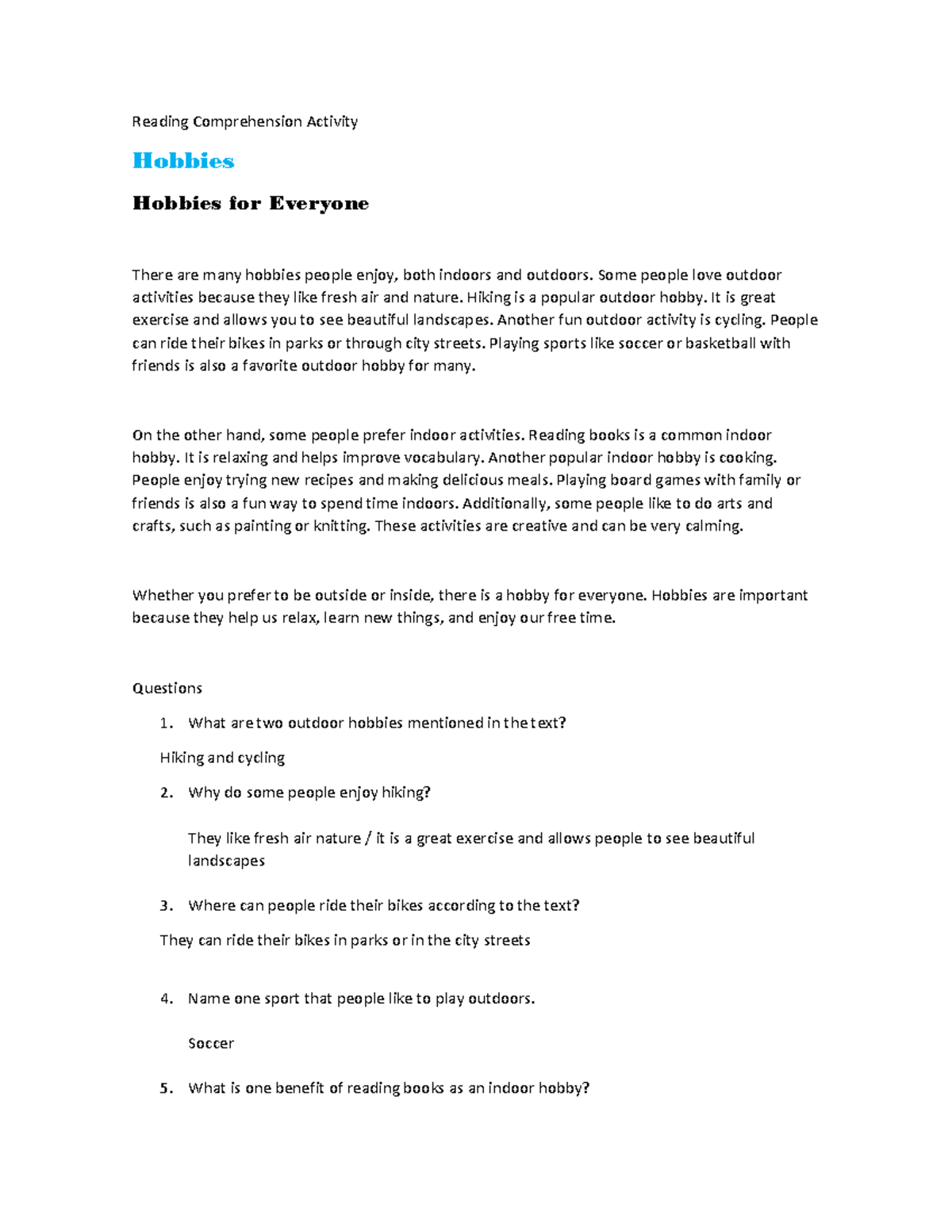 Reading Comprehension Activity Hobbies - Reading Comprehension Activity ...