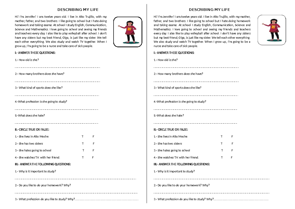 Describing OUR LIFE - DESCRIBING MY LIFE Hi! I’m Jennifer! I am twelve ...