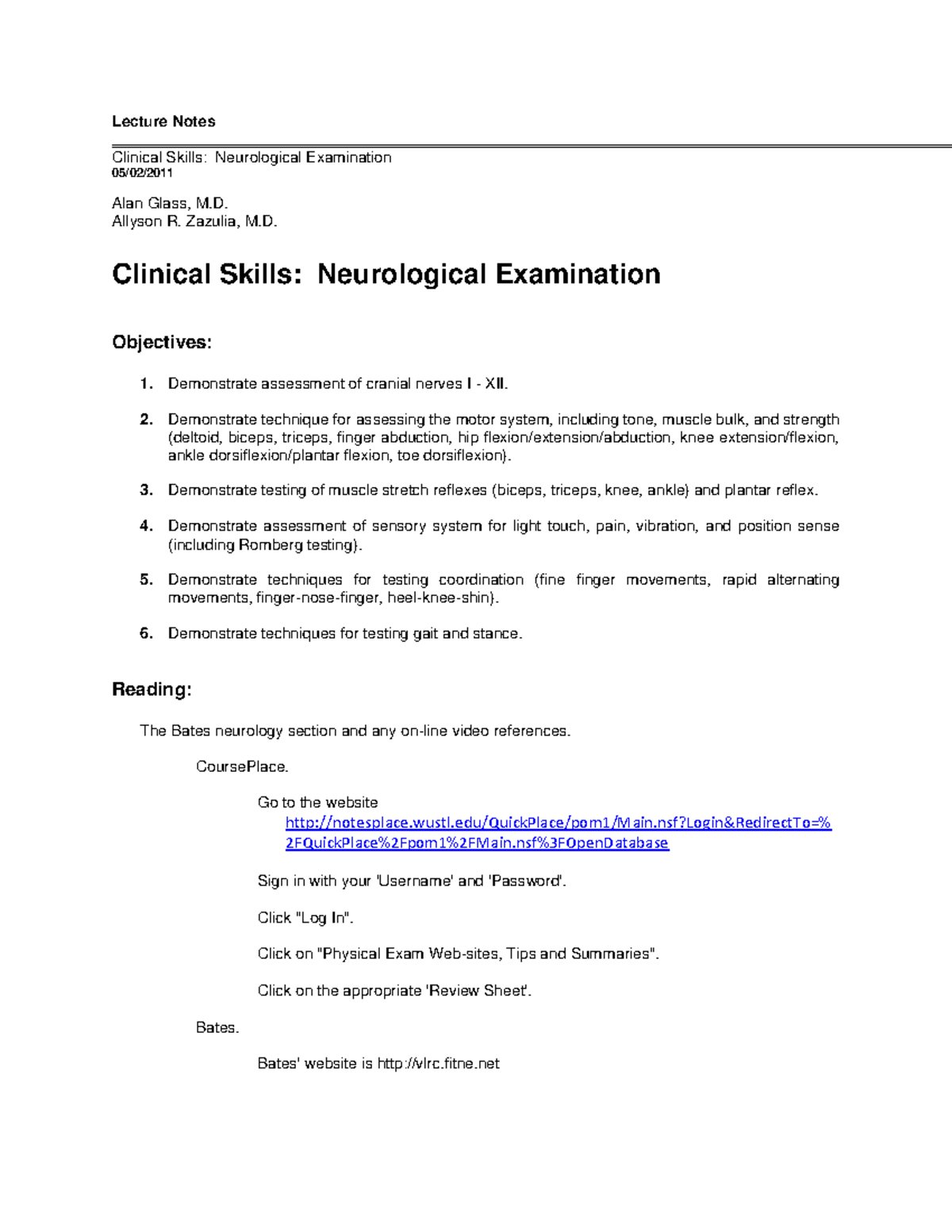 Neurological Exam Lecture Notes 1 - Lecture Notes Clinical Skills ...