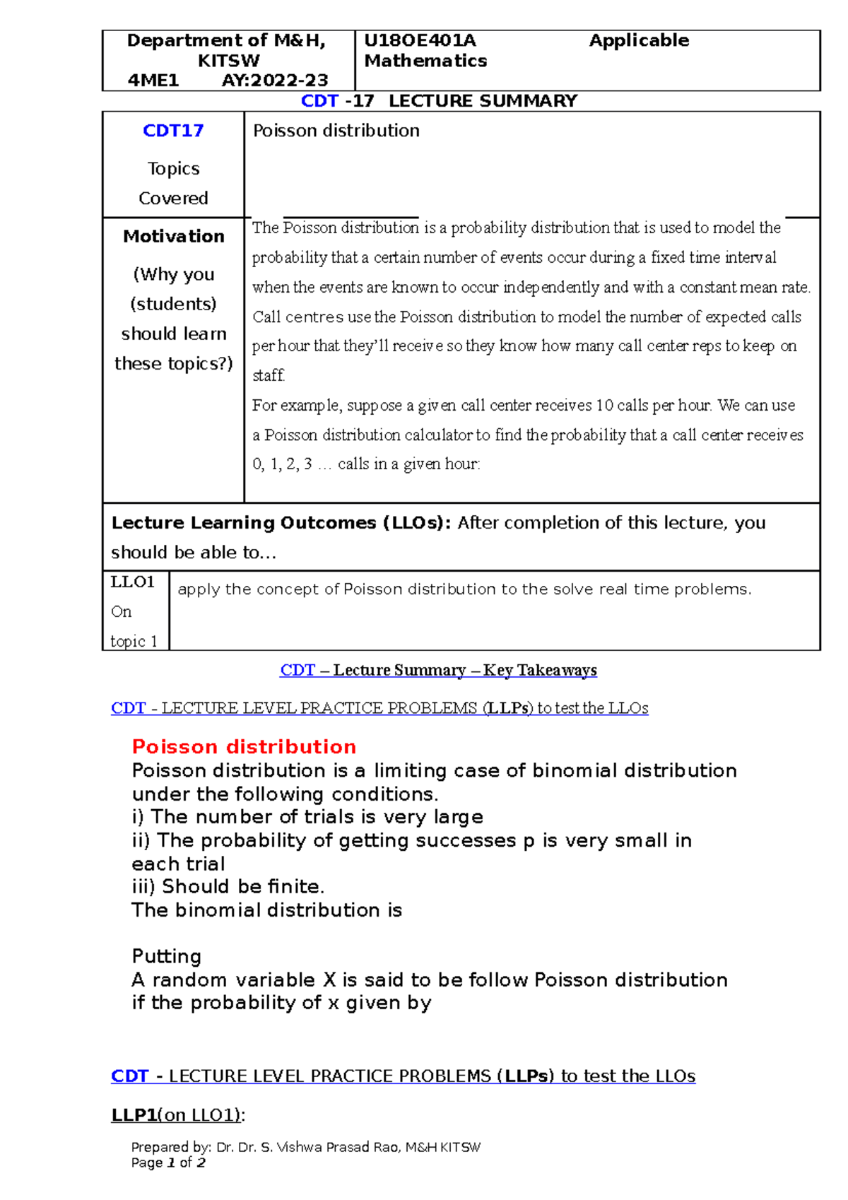 CDT17 Unit 2 Poisson Distribution - Department of M&H, KITSW 4ME1 AY ...
