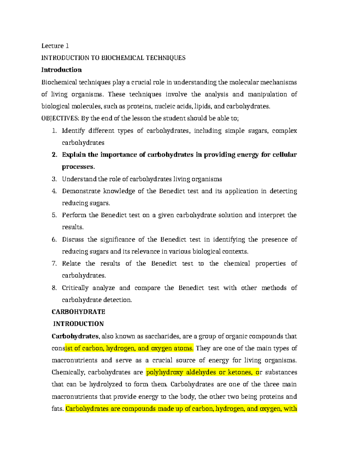 Lecture 1-3 - NOTES - Lecture 1 INTRODUCTION TO BIOCHEMICAL TECHNIQUES ...