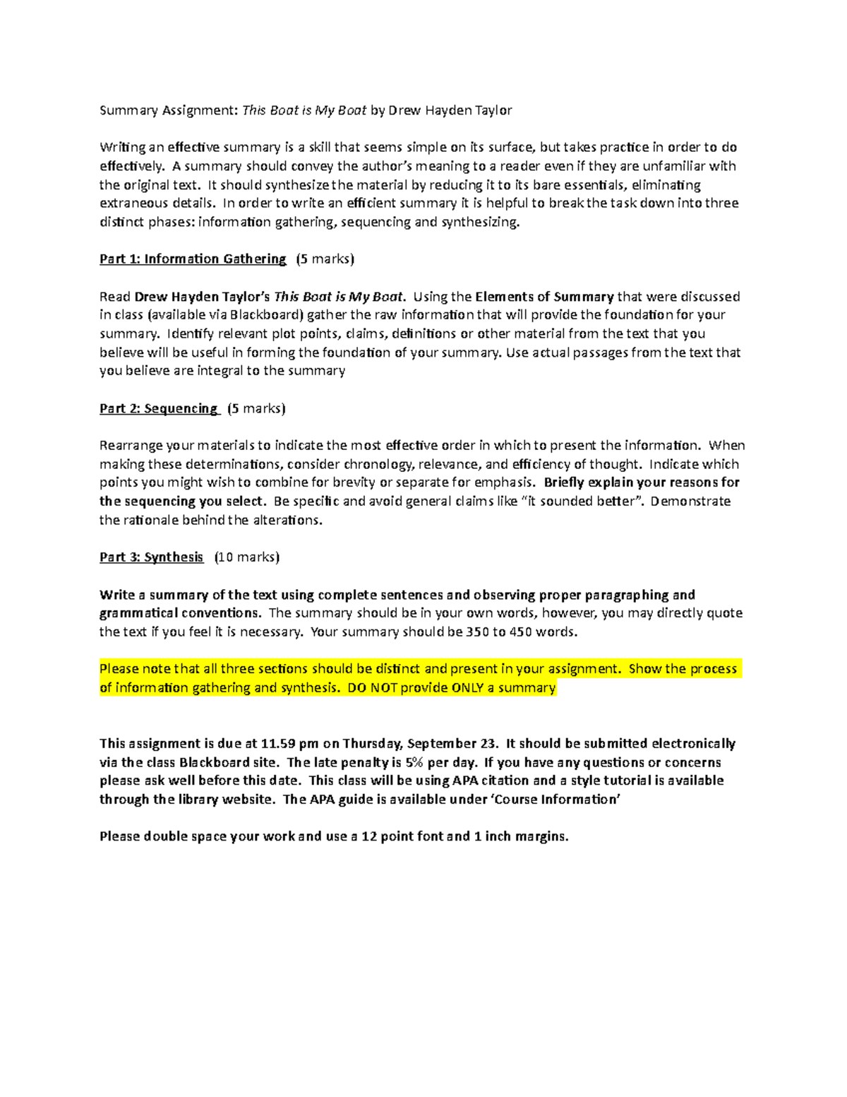 COM 101 Summary Assignment (F21) NDD - Summary Assignment: This Boat is ...