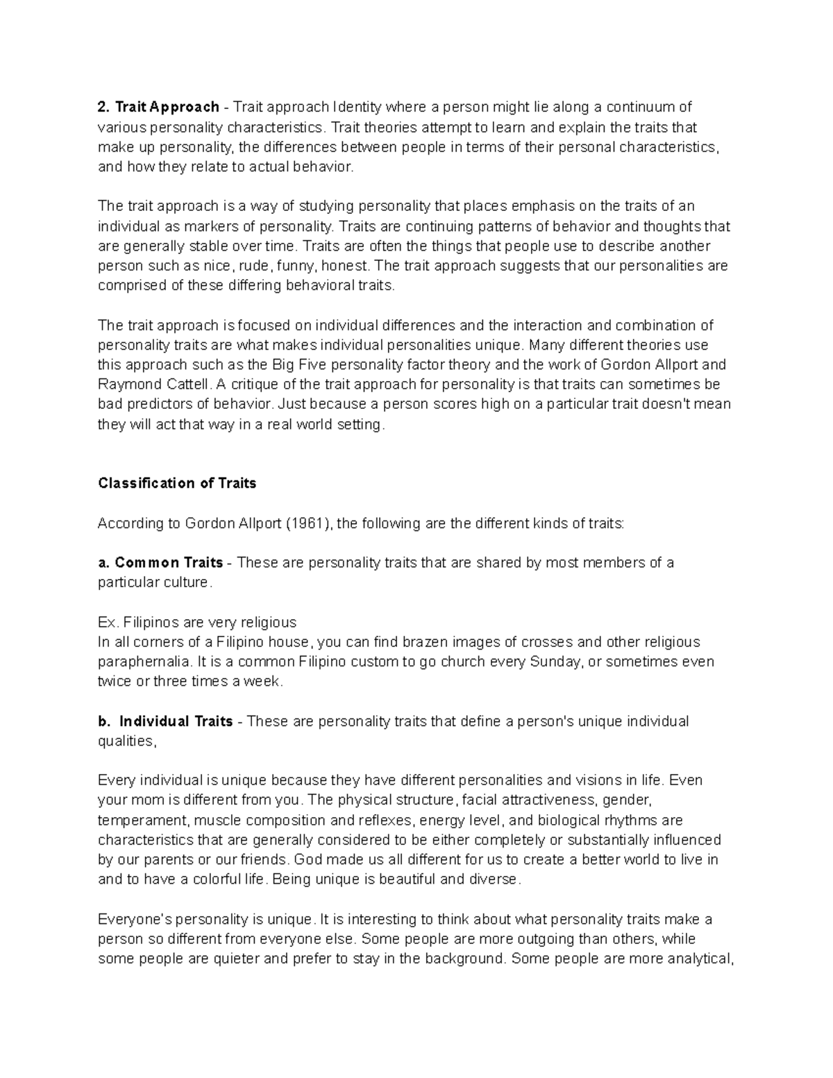 Trait Approach - Human behavior - Trait Approach - Trait approach ...