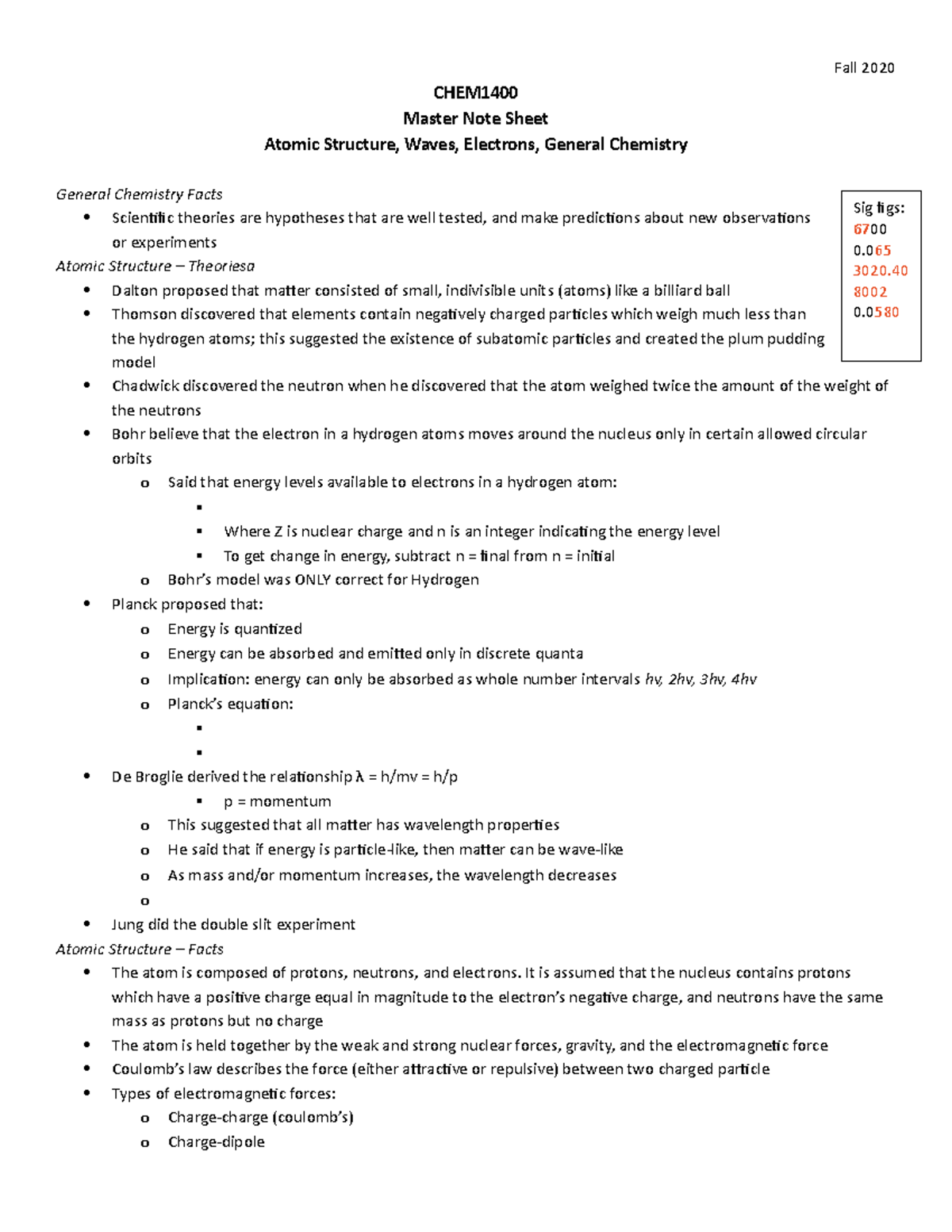 CHEM1400 Master note sheet exam 1 - Fall 2020 CHEM Master Note Sheet ...