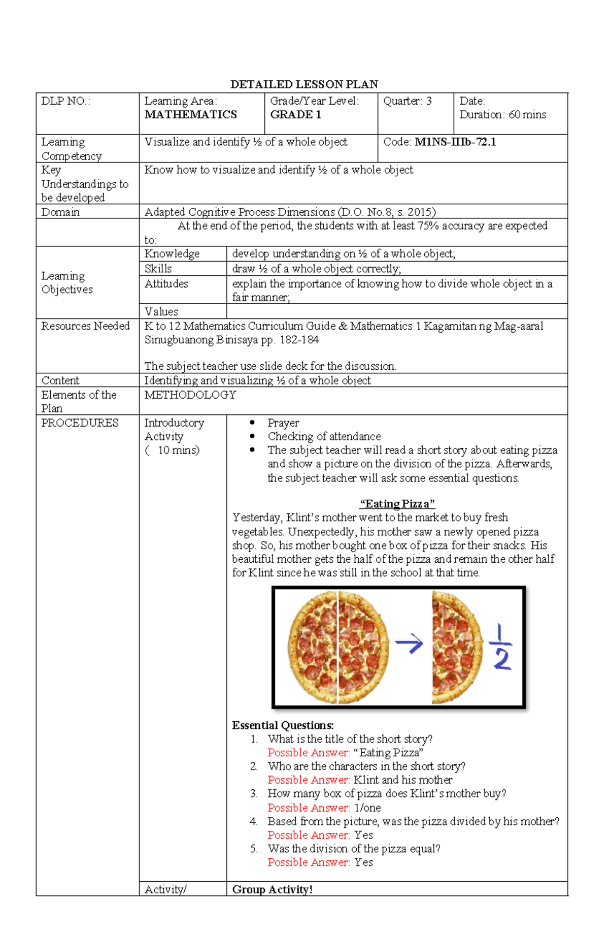 Final Lesson Plan in Math 1 - DETAILED LESSON PLAN DLP NO.: Learning ...