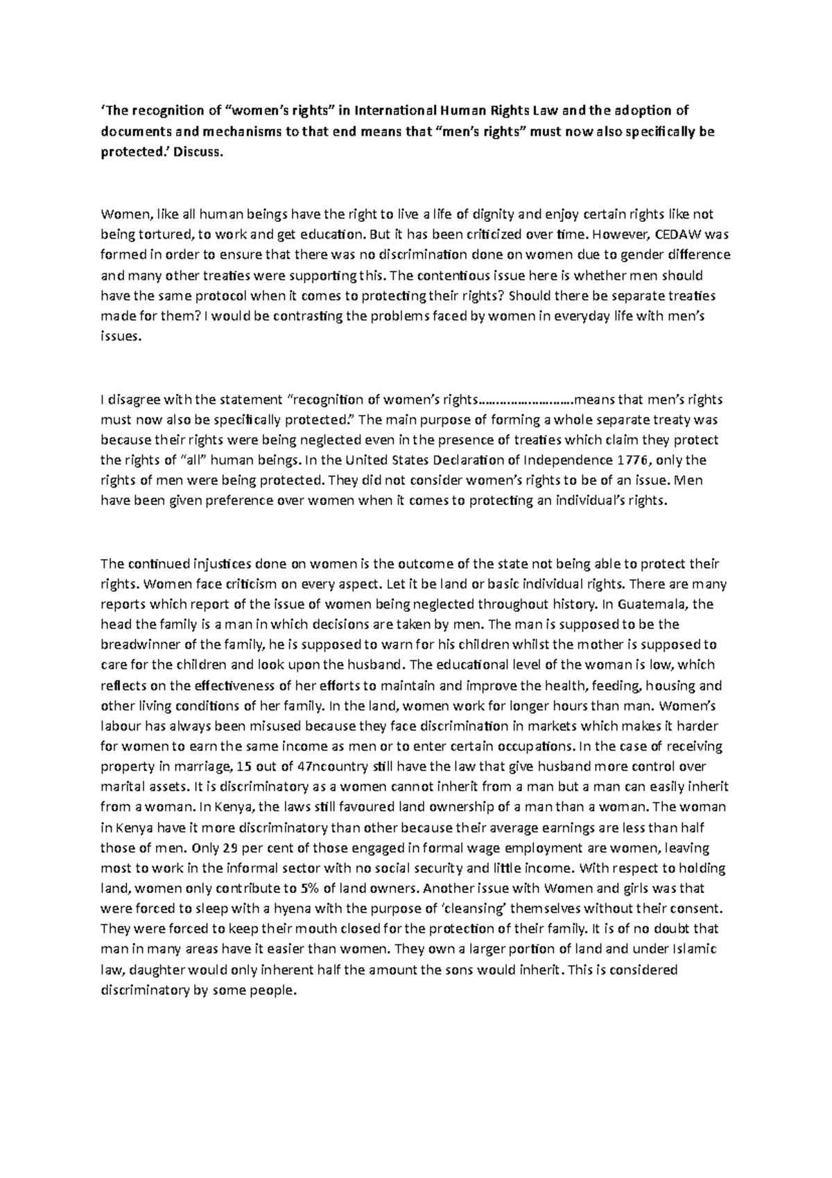 Cedaw q - essay - ‘The recognition of “women’s rights” in International ...