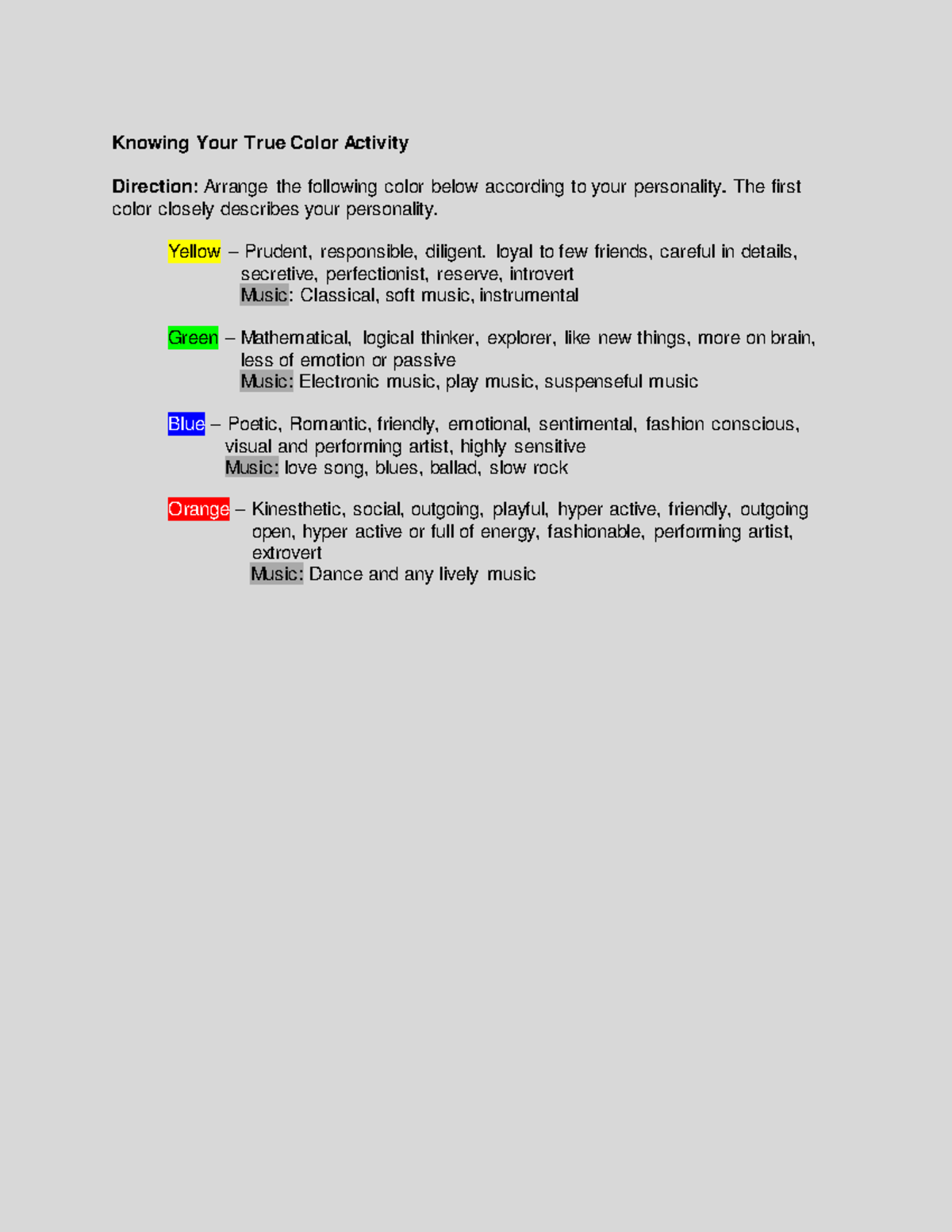 Knowing your true color - Knowing Your True Color Activity Direction ...