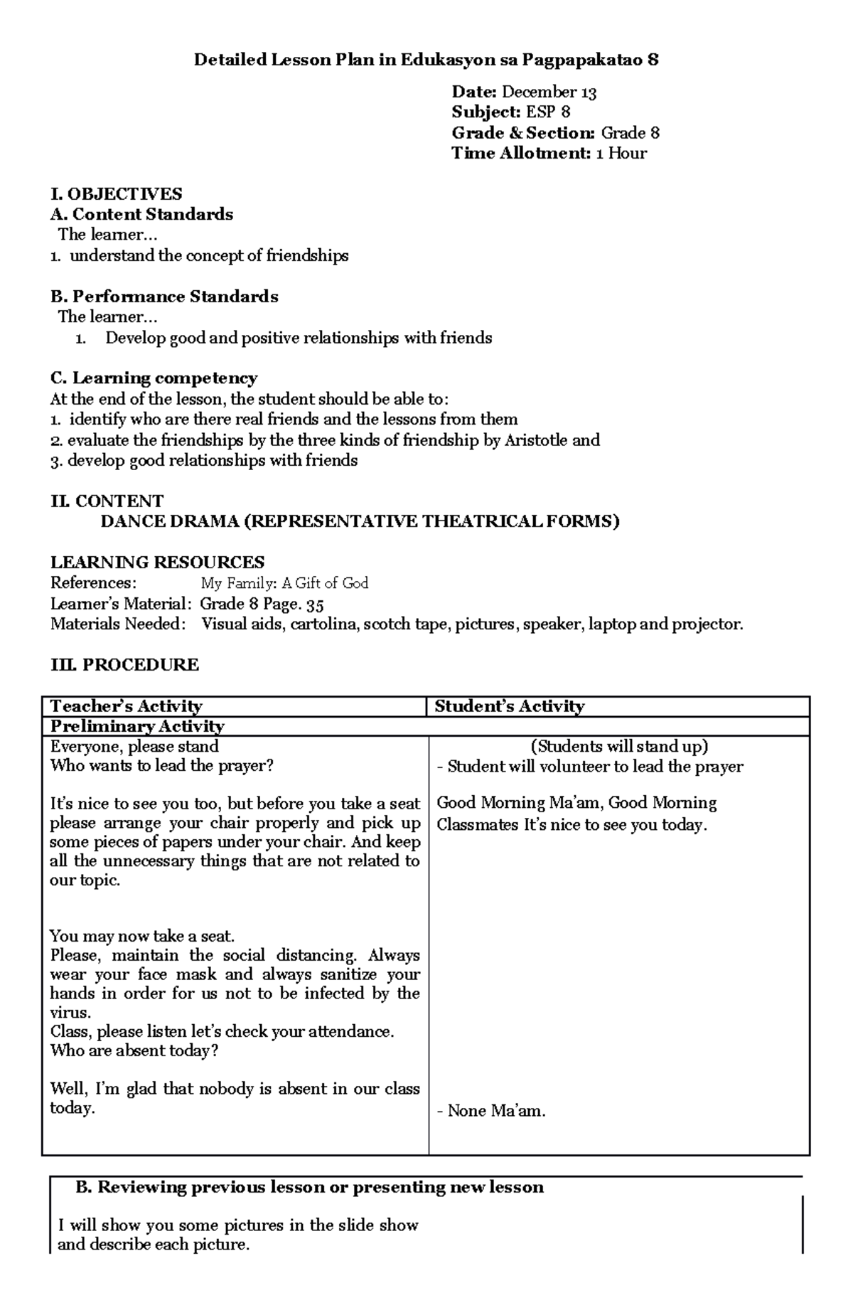 Detailed Lesson Plan in Edukasyon sa Pagpapakatao 8 - OBJECTIVES A ...