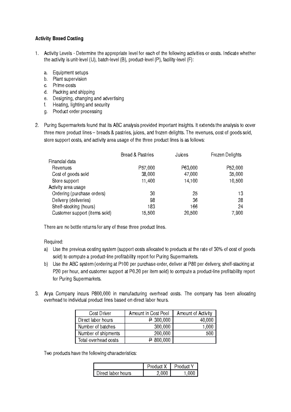 MAS-1 Activity-Based-Costing - Activity Based Costing Activity Levels ...
