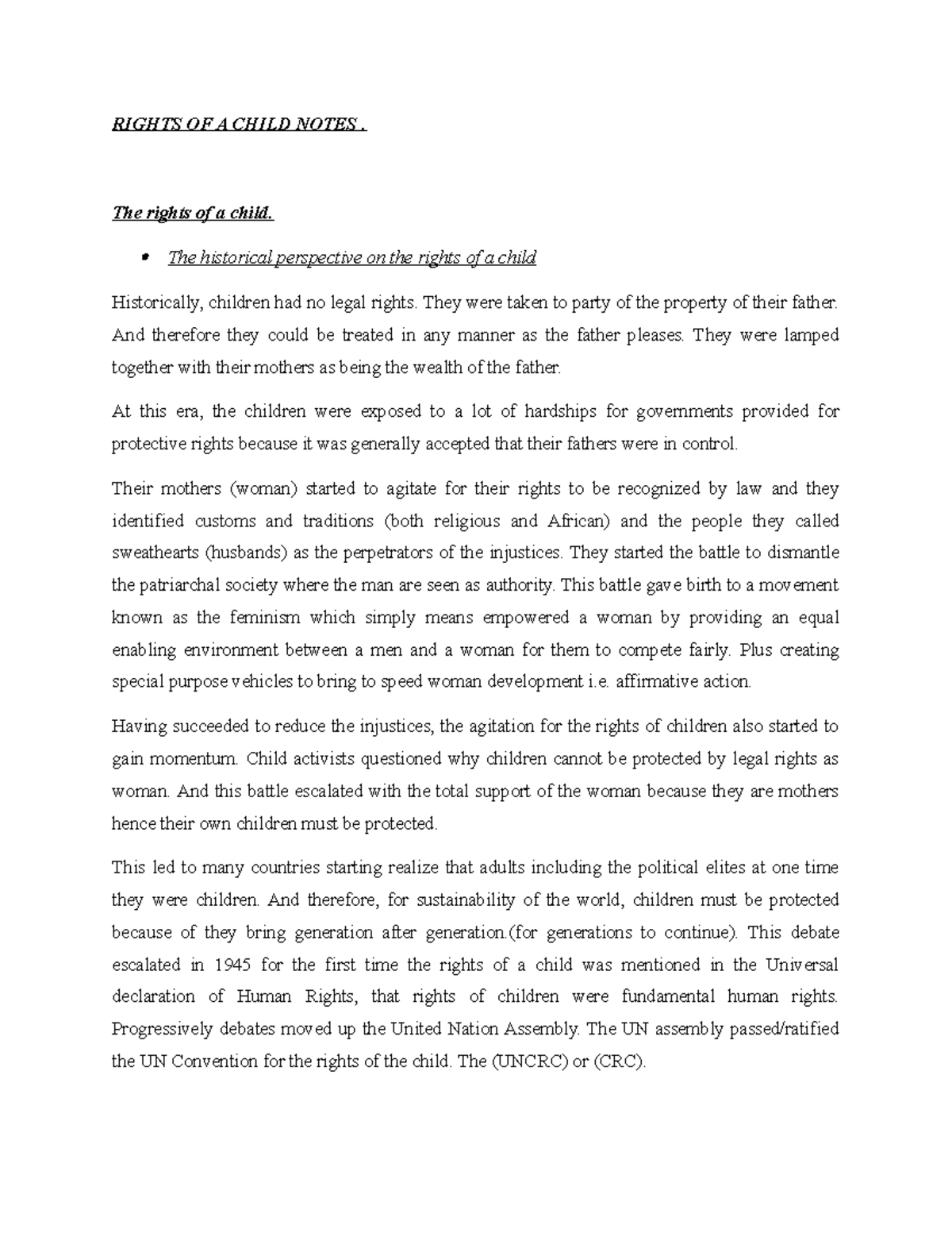 Rights OF A Child Notes - RIGHTS OF A CHILD NOTES . The rights of a ...