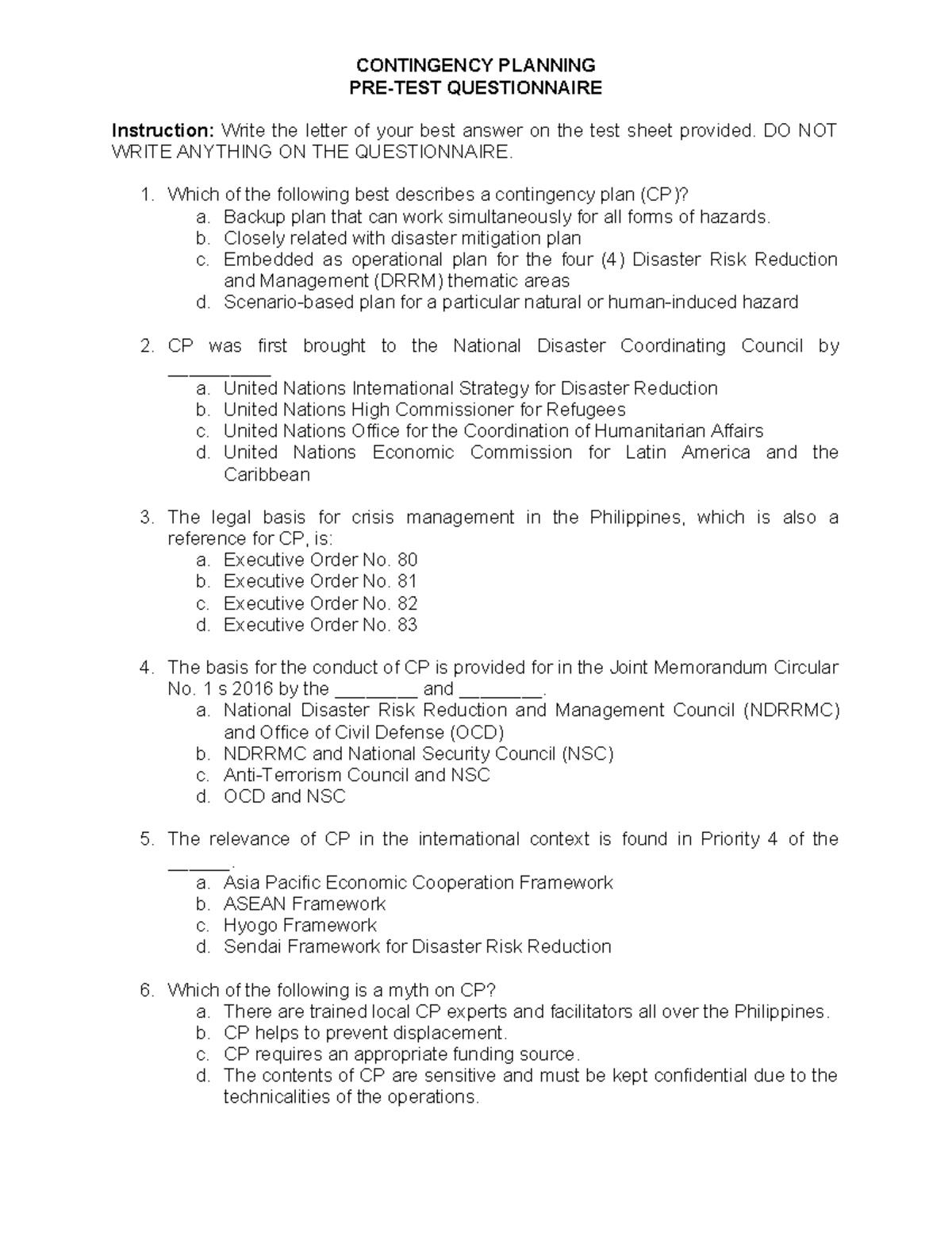 Pre Test Questionnaire 1 - CONTINGENCY PLANNING PRE-TEST QUESTIONNAIRE ...