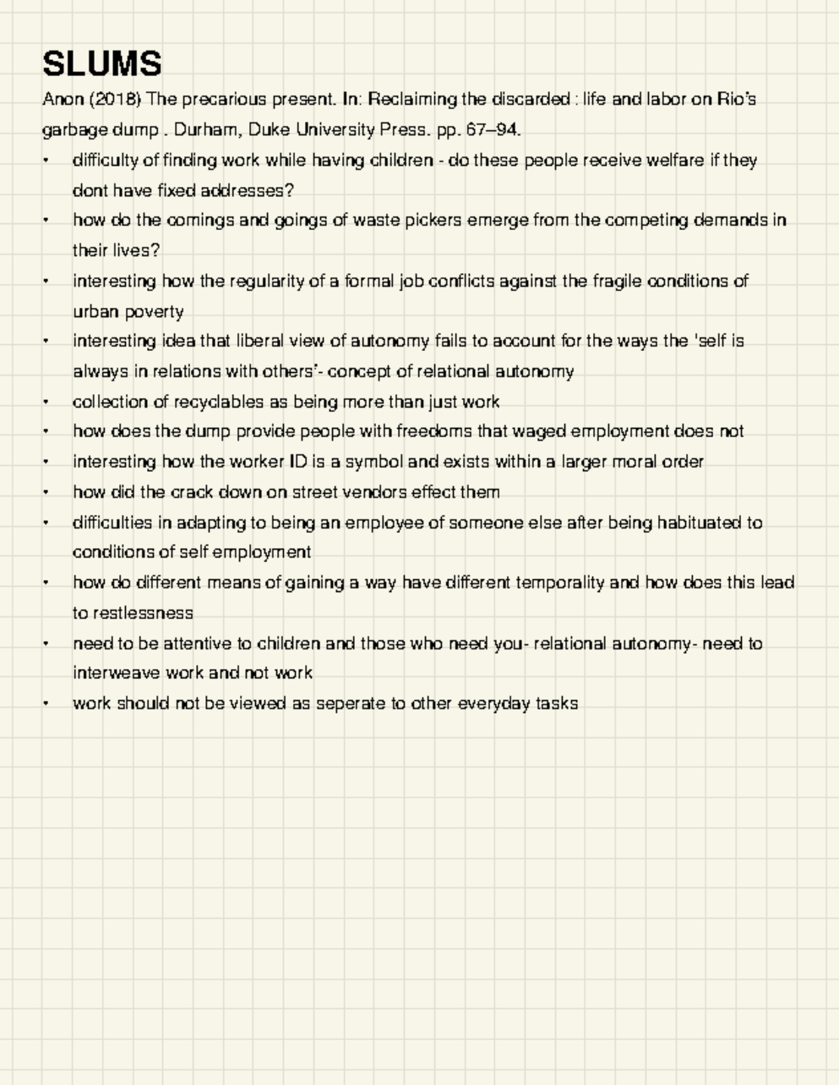 Readings 11 - reading notes for anthropology - SLUMS Anon (2018) The ...