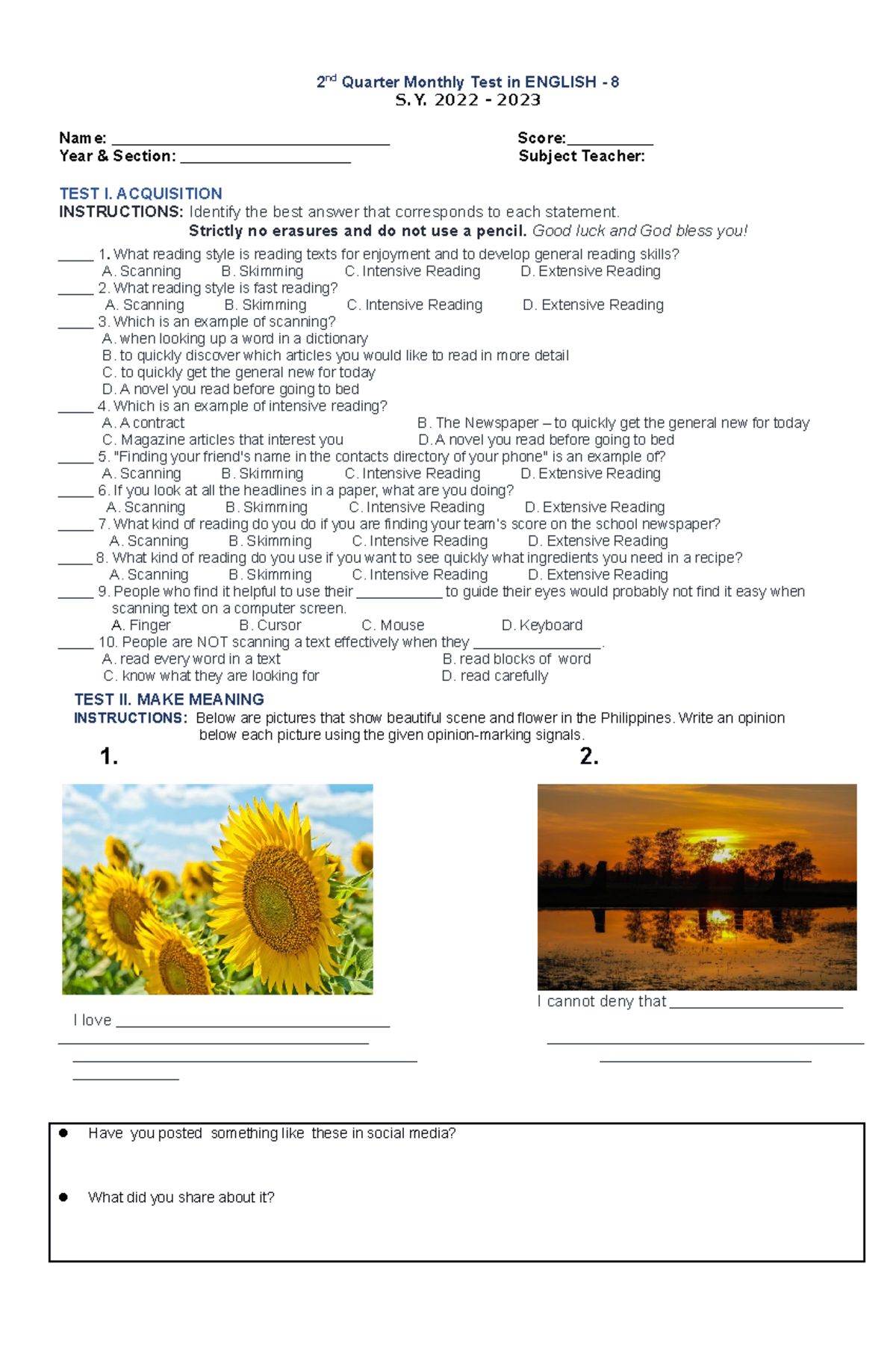 English monthly test - 2 nd Quarter Monthly Test in ENGLISH - 8 S. 2022 ...