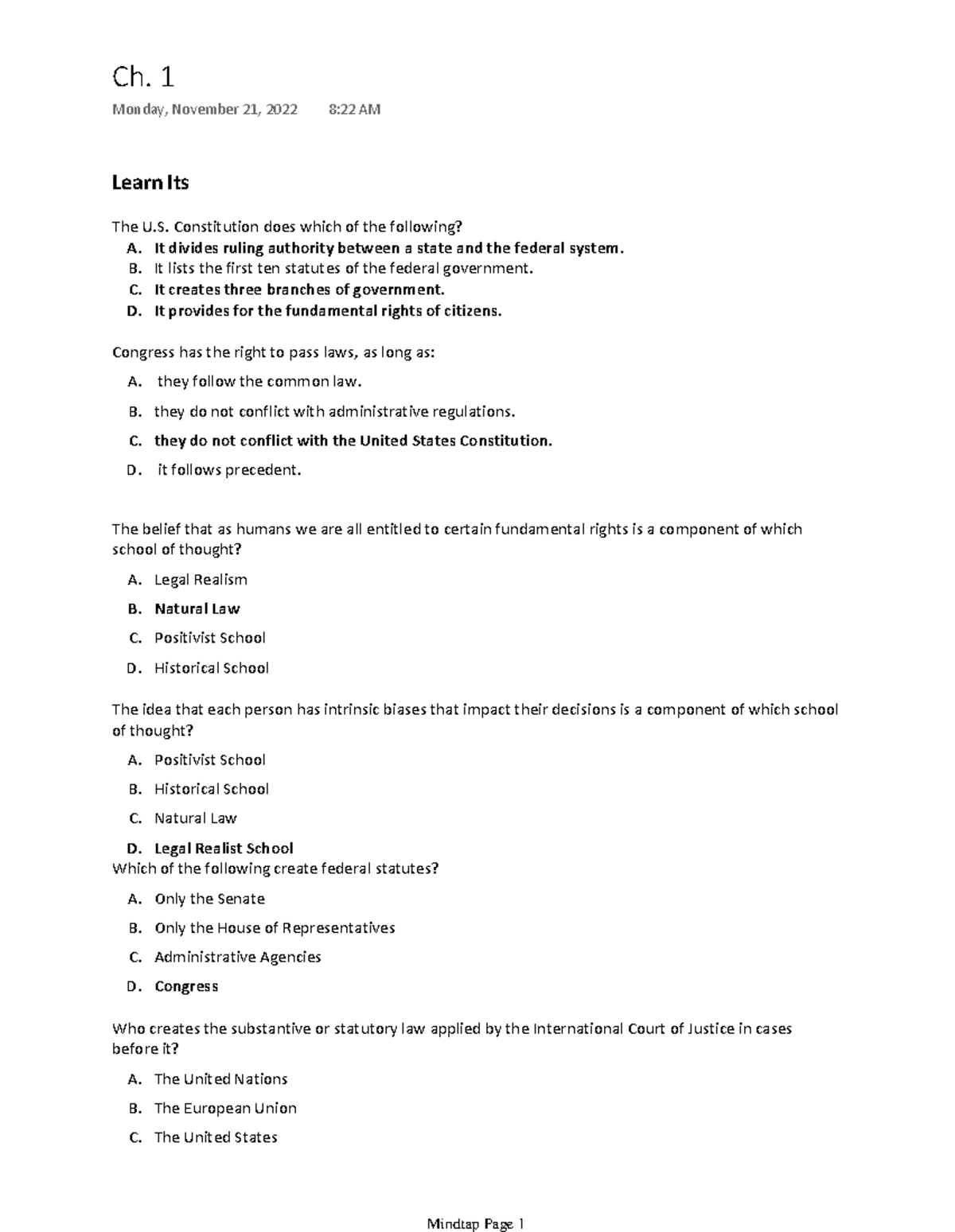 Mindtap Ch. 1 - Learn Its The U. Constitution does which of the ...