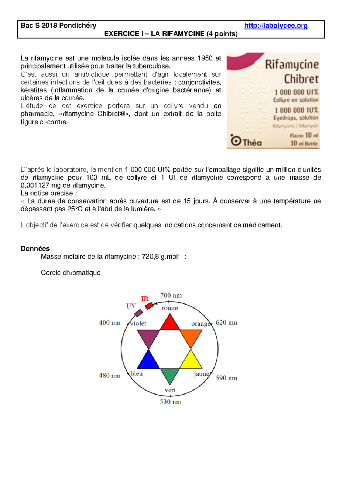 annale physique chimie terminale - Bac S 201 8 Pondichéry labolycee EXERCICE I – LA RIFAMYCINE ...