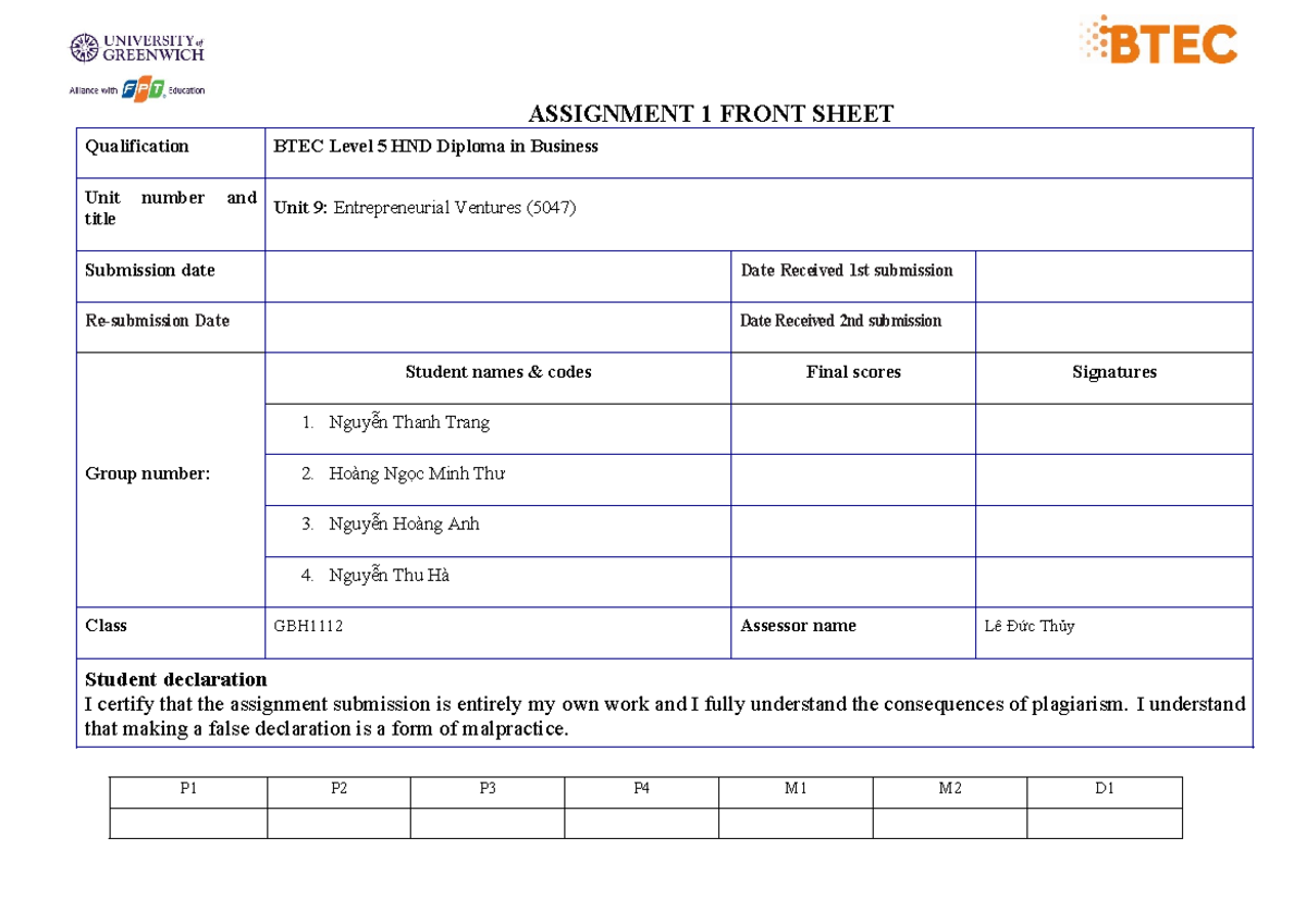 5047-asm1 - ASSIGNMENT 1 FRONT SHEET Qualification BTEC Level 5 HND ...