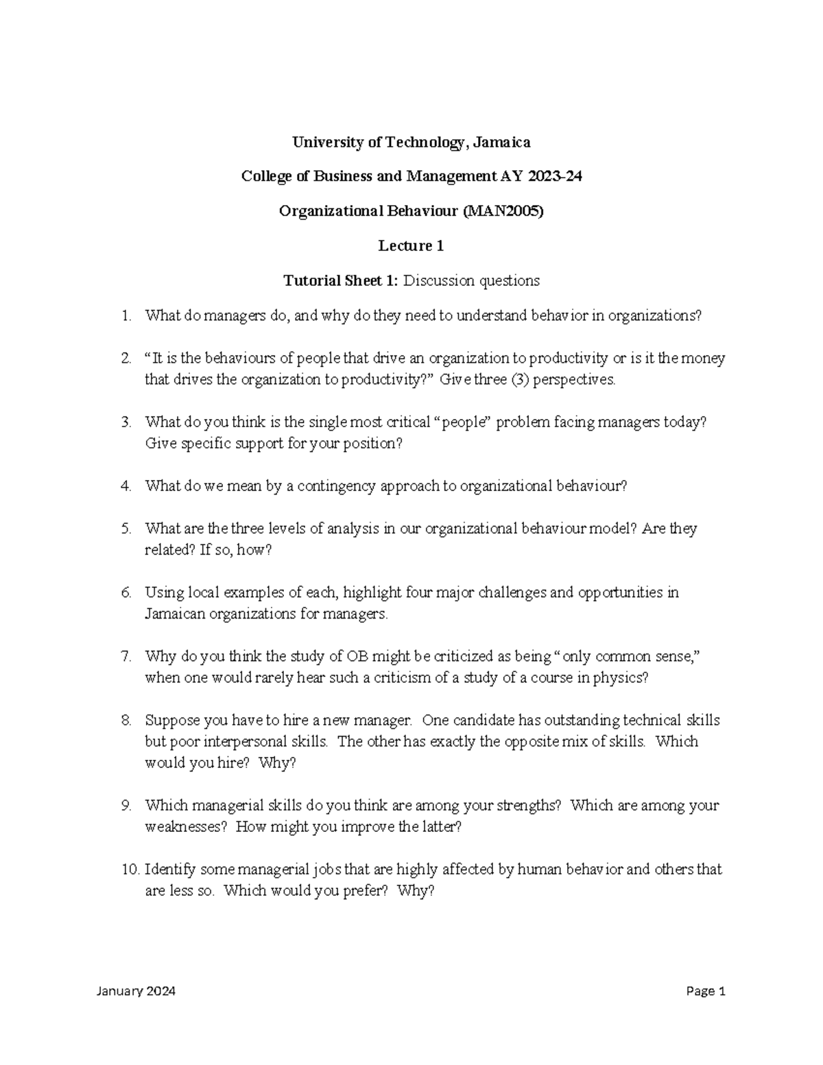 OB Tutorial Sheet 1 Revised - University of Technology, Jamaica College ...