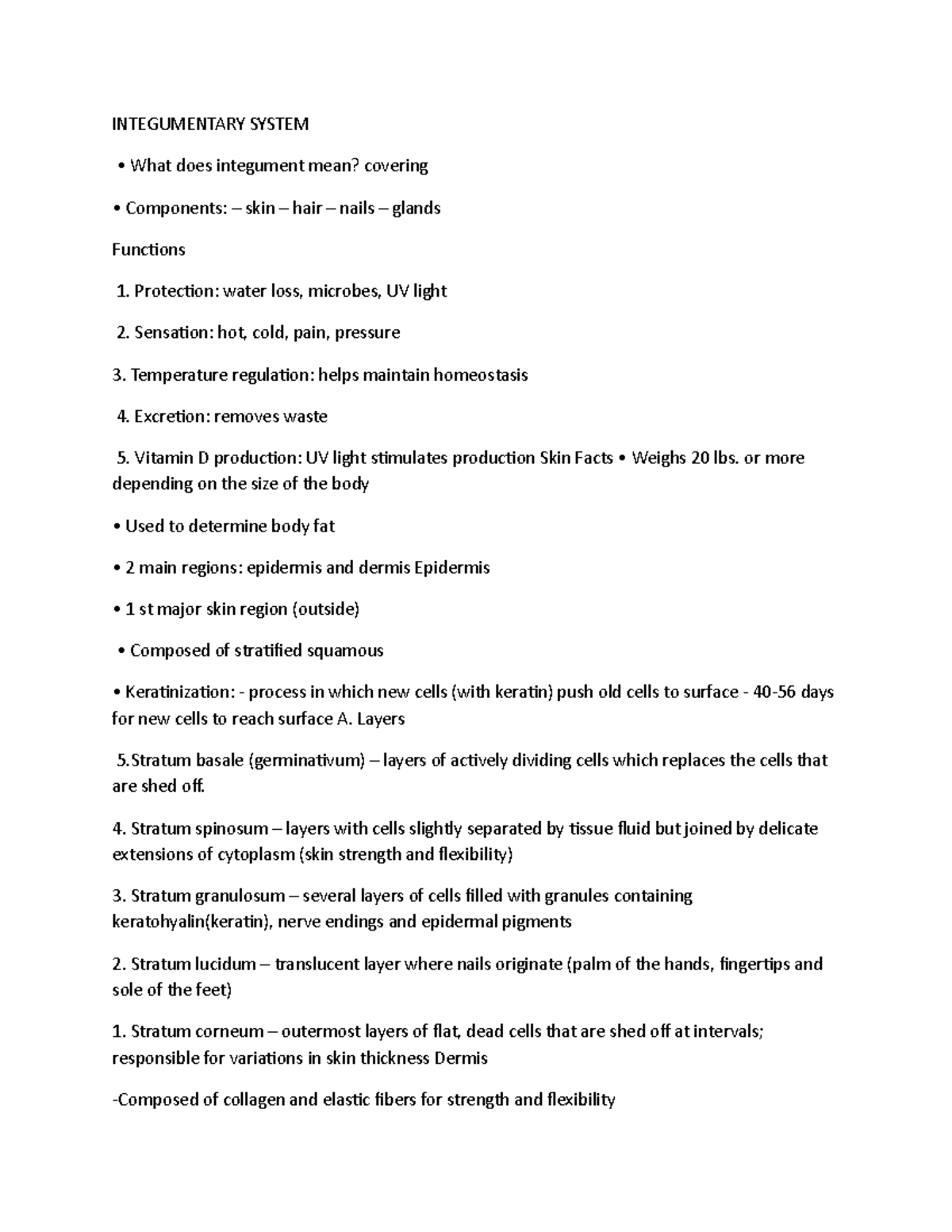 Integumentary System - Lecture notes 1 - INTEGUMENTARY SYSTEM What does ...