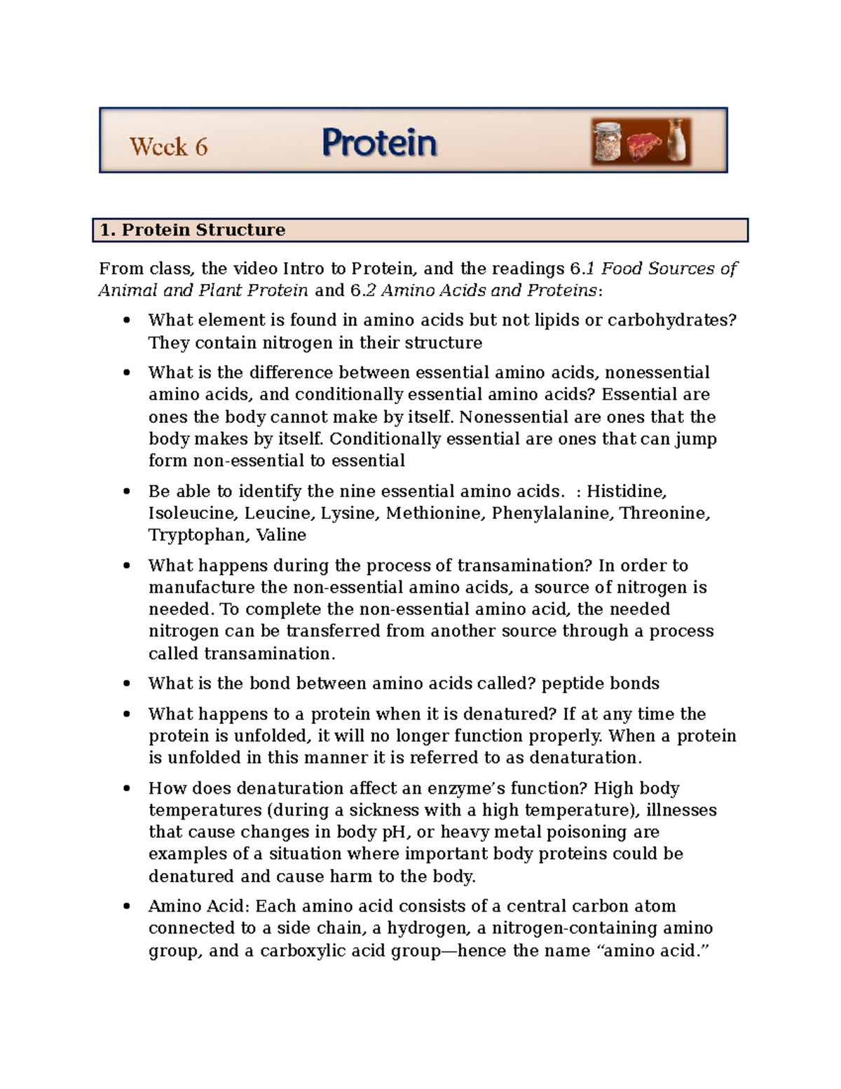 Week06 Study Guide - Protein Structure From class, the video Intro to ...