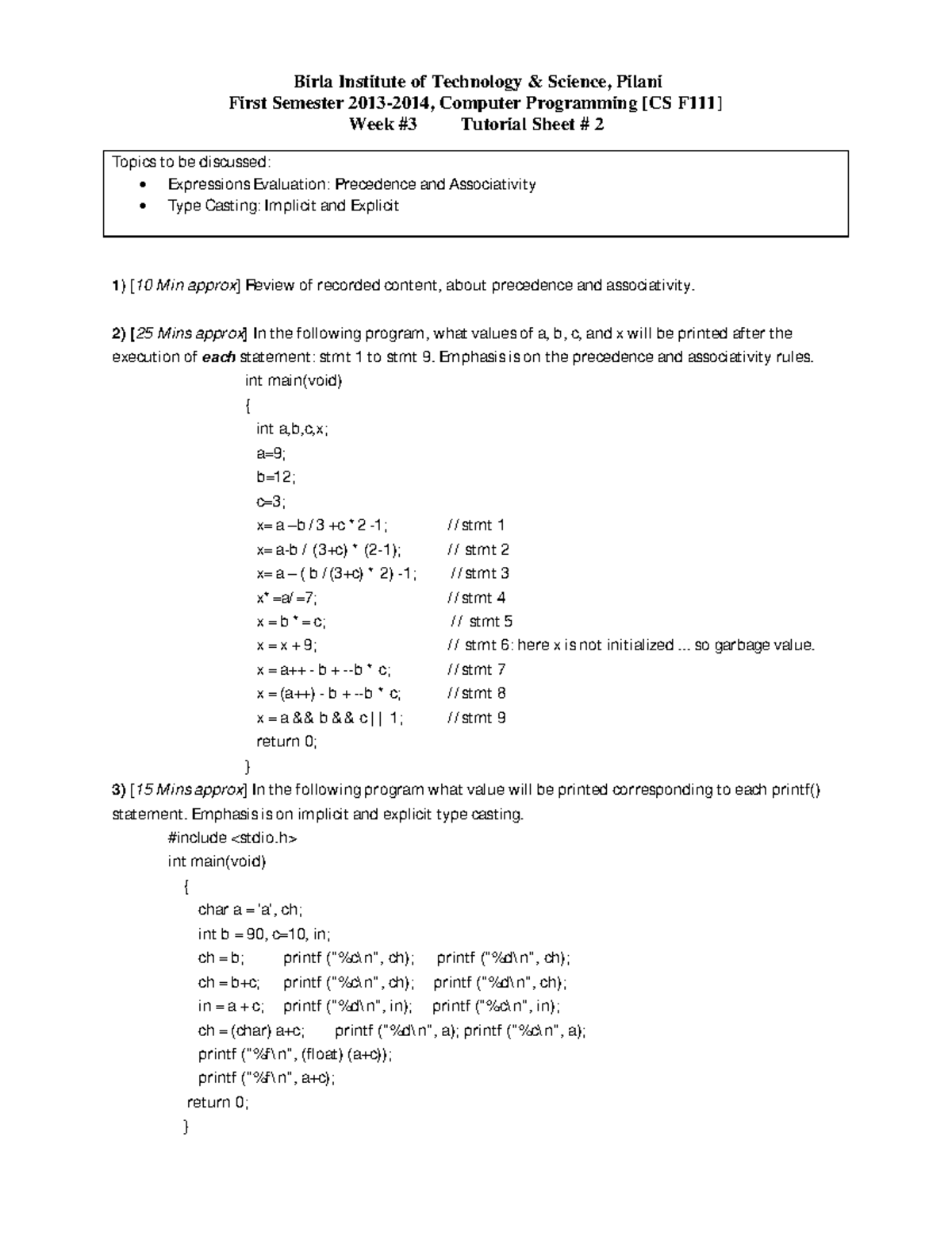Tutorial Sheets - Week 3 - Tutorial 2 - Birla Institute of Technology ...