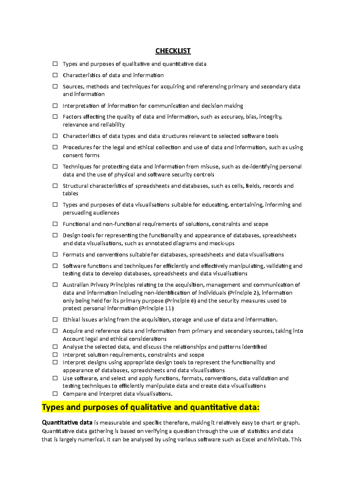Computing Notes - CHECKLIST Types and purposes of qualitative and ...