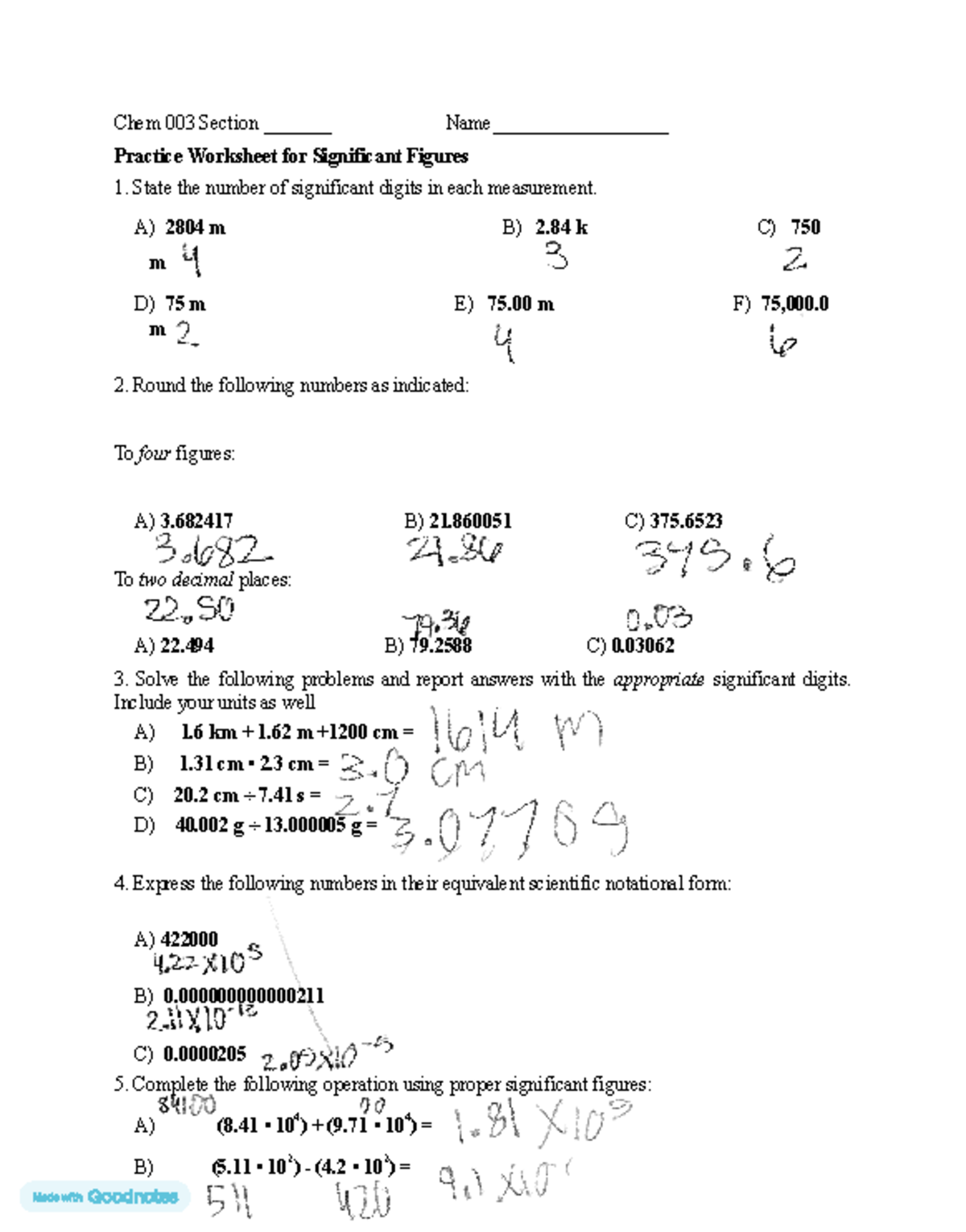 Significant figures - ####### Chem 003 Section _______ Name ...