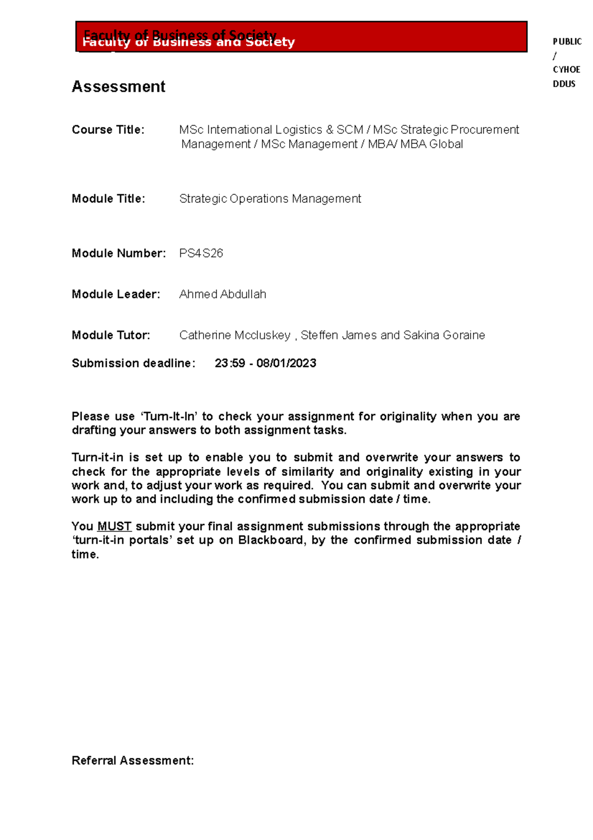 PS4S26 Assignment outline 2022 stretegic operation management - Faculty ...