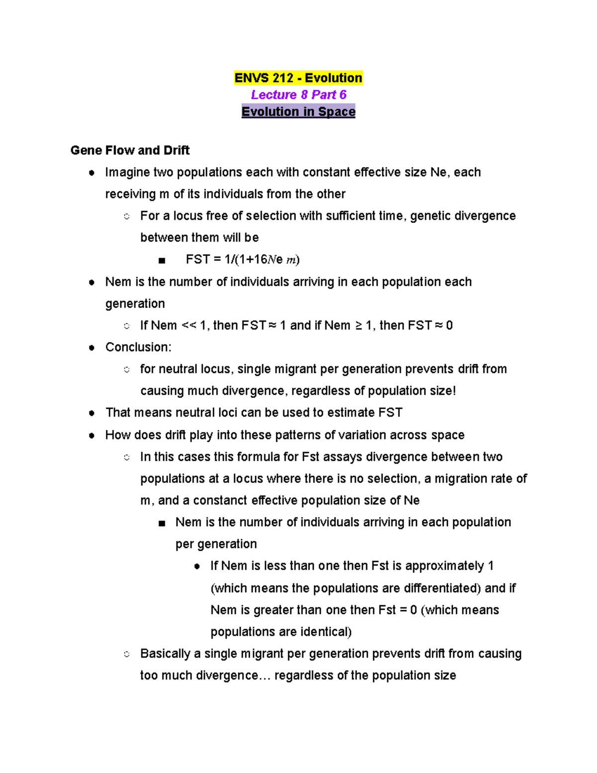 ENVS 212 Lecture 8 Part 6 - Spring 2020 - ENVS 212 - Evolution Lecture 8 Part 6 Evolution in ...