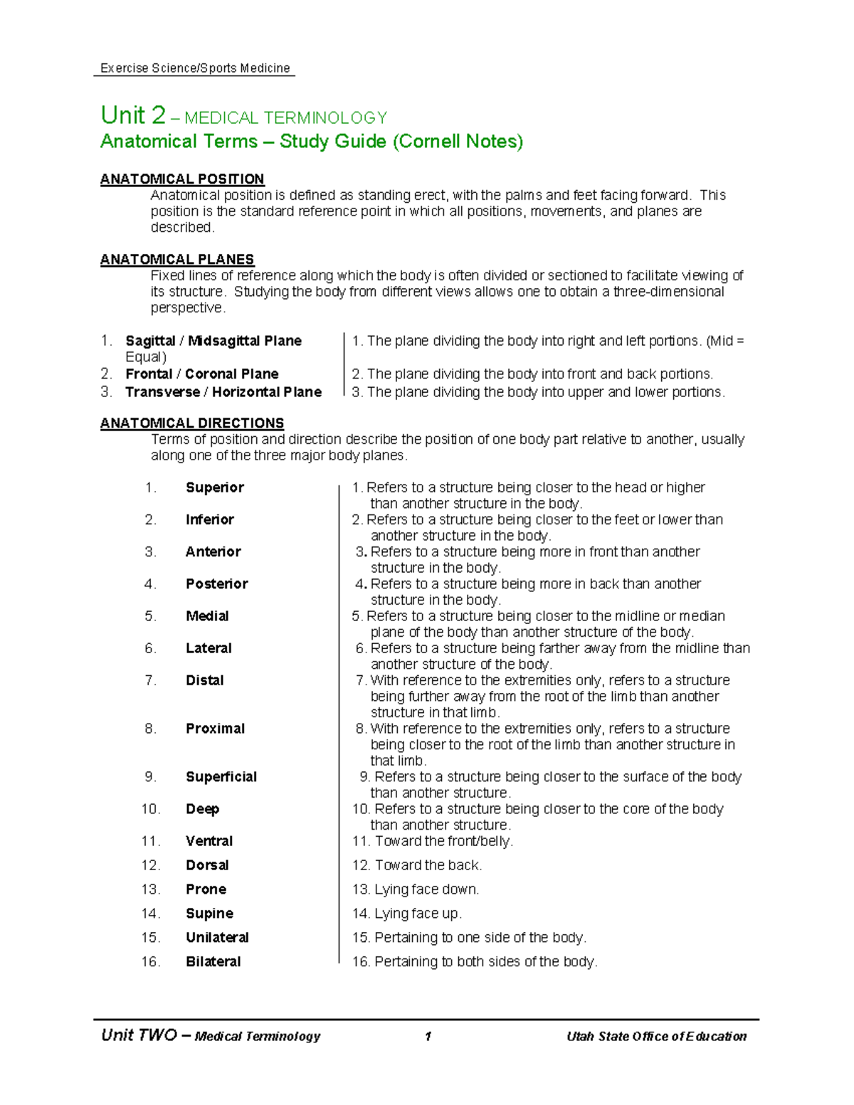 Anatomical terms study guide - Exercise Science/Sports Medicine Unit ...