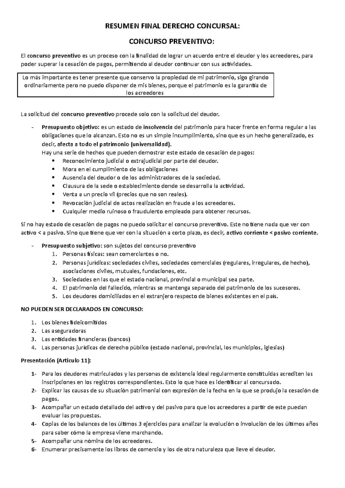 Resumen Final Derecho Concursal (Clases - Repaso) - RESUMEN FINAL DERECHO CONCURSAL: CONCURSO ...
