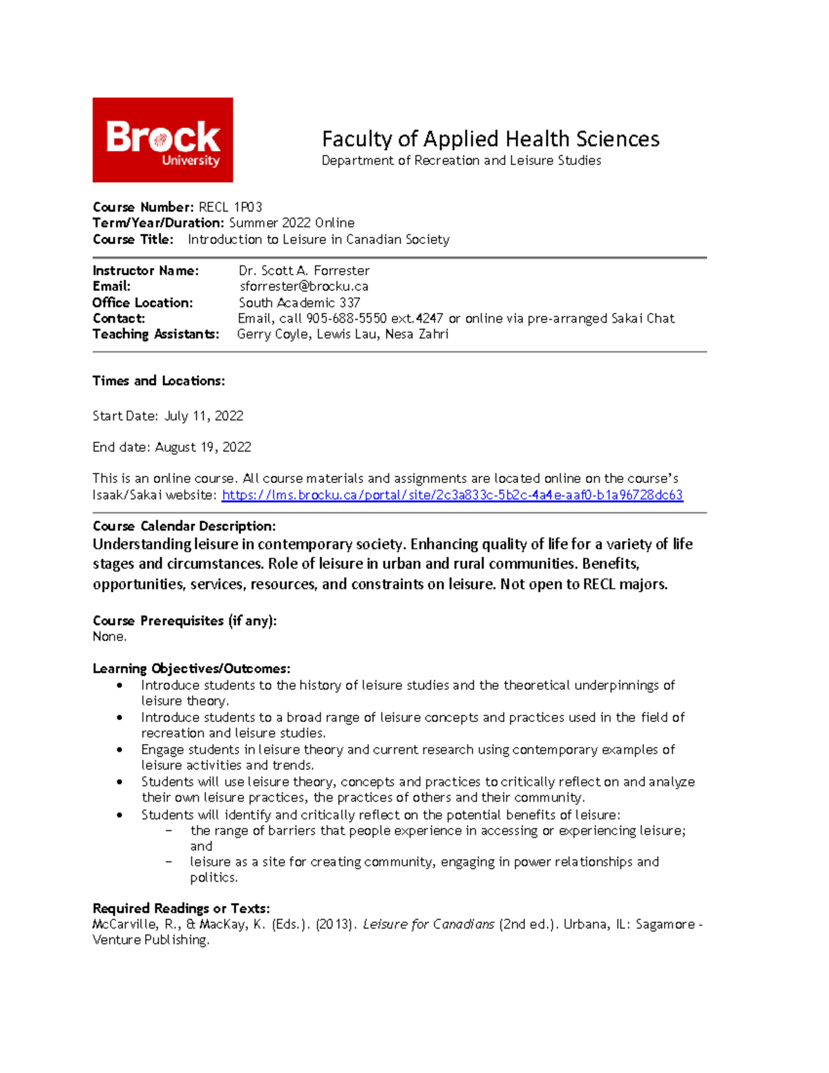 RECL 1P03 Syllabus - Summer 2022 - Course Number: RECL 1P Term/Year ...