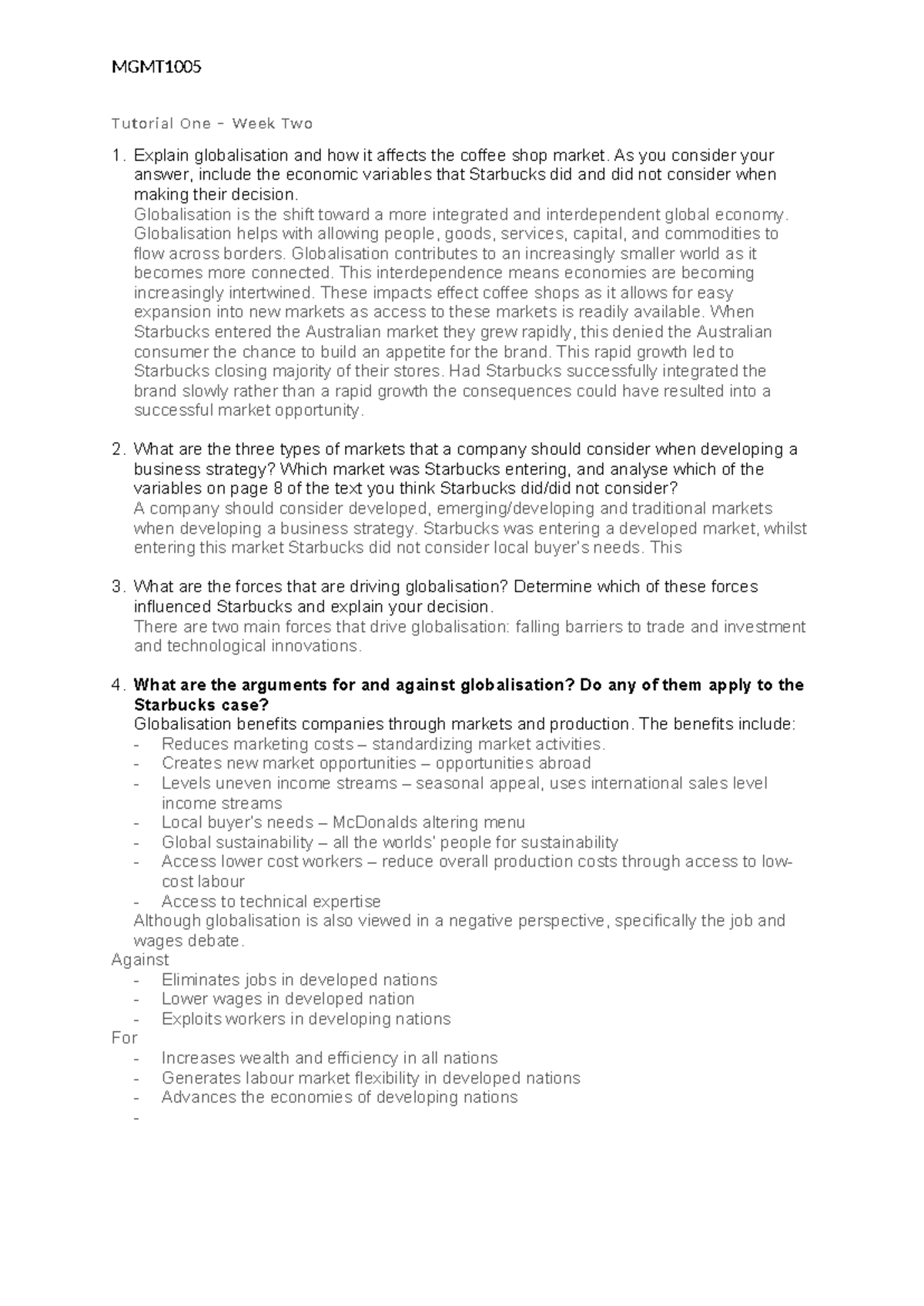 MGMT1005 Tutorial - Tutorial One – Week Two Explain globalisation and ...