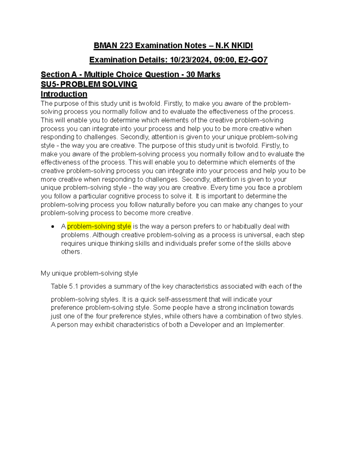 BMAN223 2024 Examination notes - BMAN 223 Examination Notes – N NKIDI ...