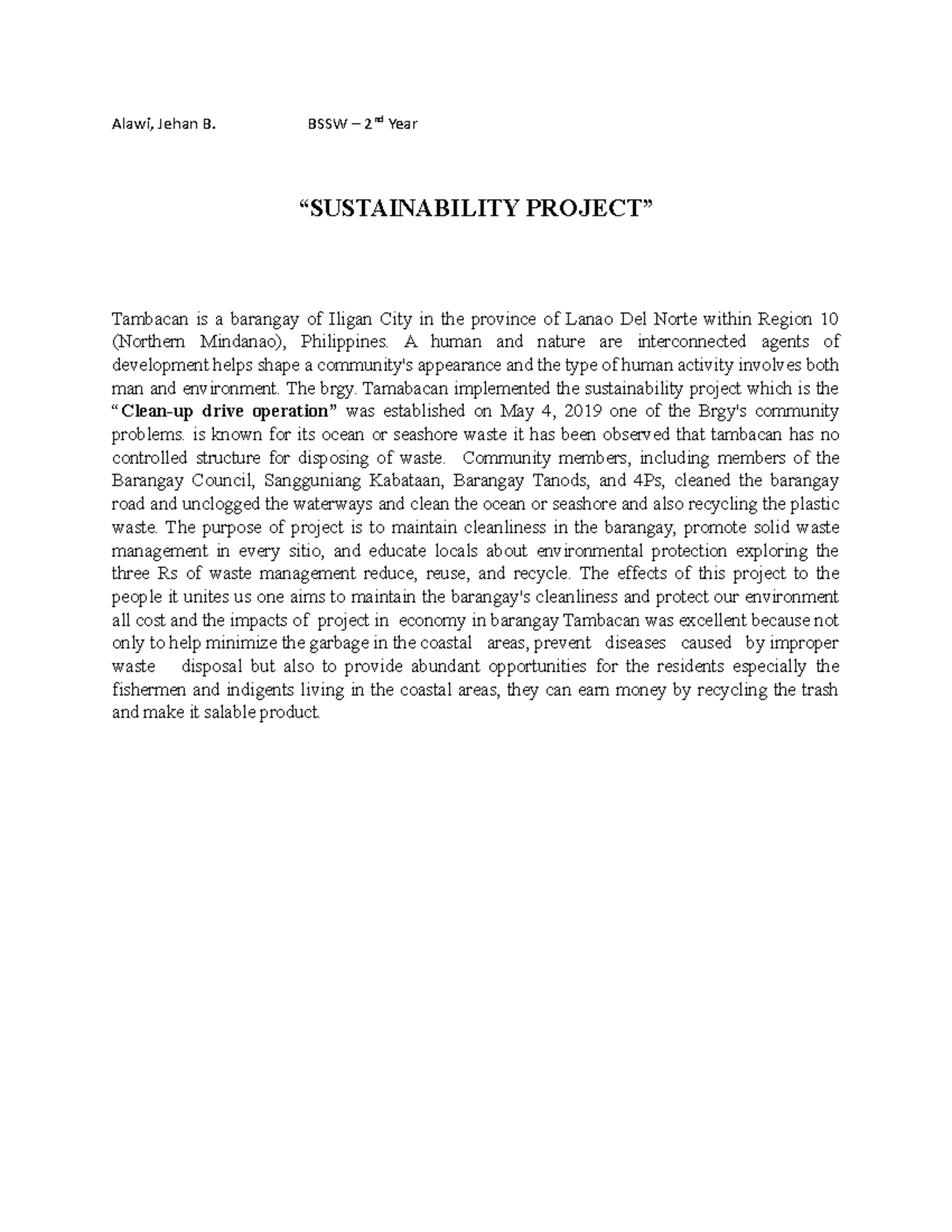 Sustainability project - Alawi, Jehan B. BSSW – 2nd Year ...