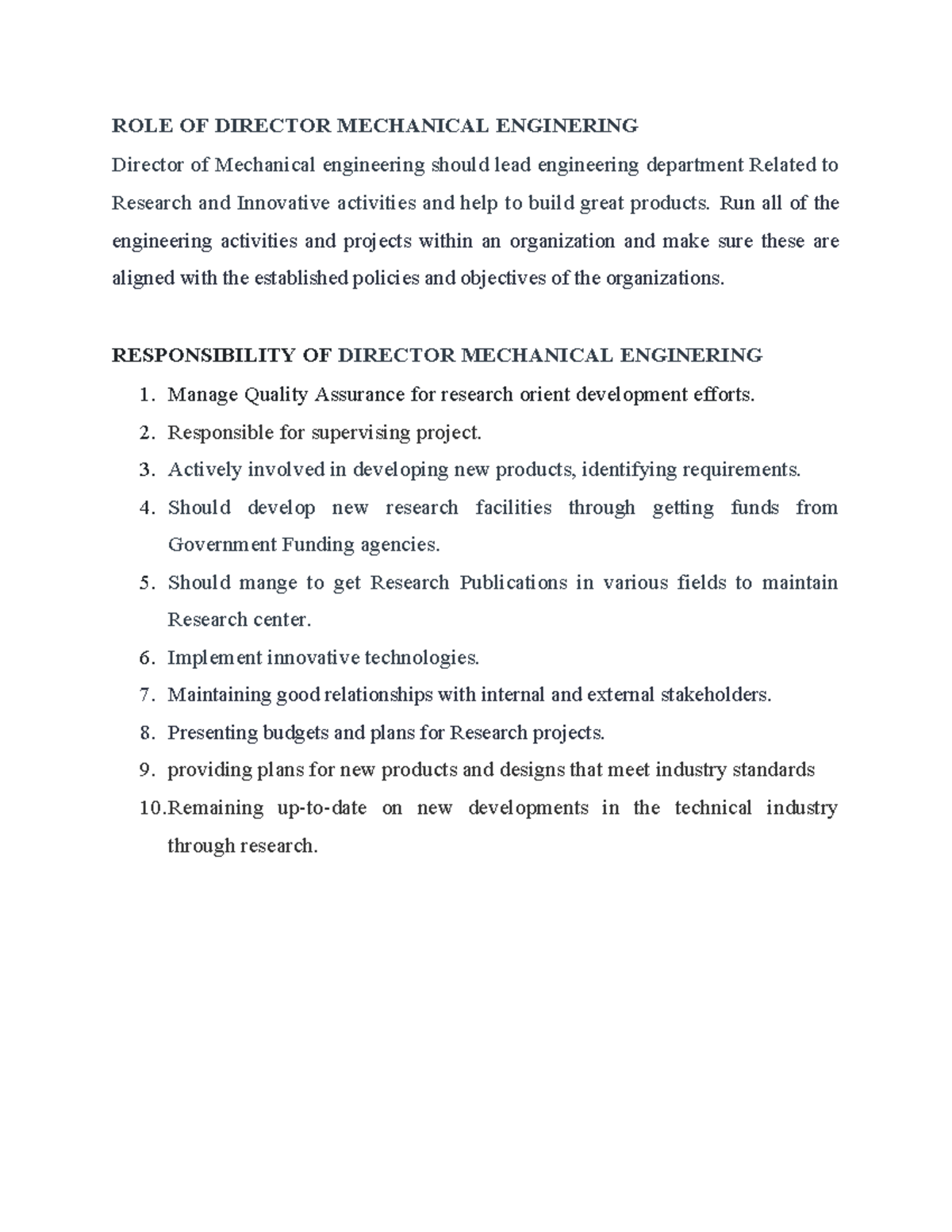 Roles & Responsibility Director - ROLE OF DIRECTOR MECHANICAL ...